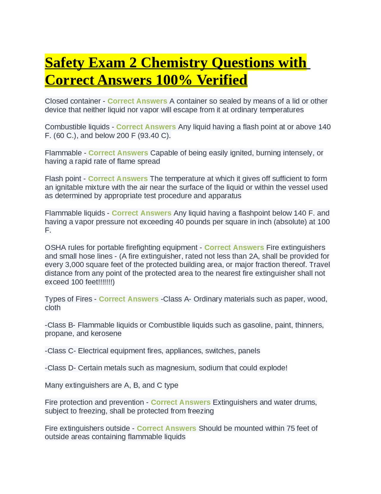 Safety Exam 2: Chemistry and Fire Extinguisher Usage | Exams Chemistry ...