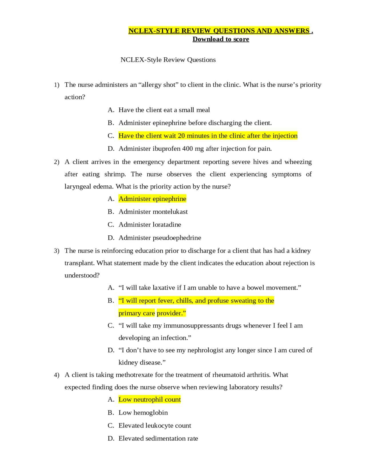 NCLEX-STYLE REVIEW QUESTIONS AND ANSWERS . Download to score | Exams ...