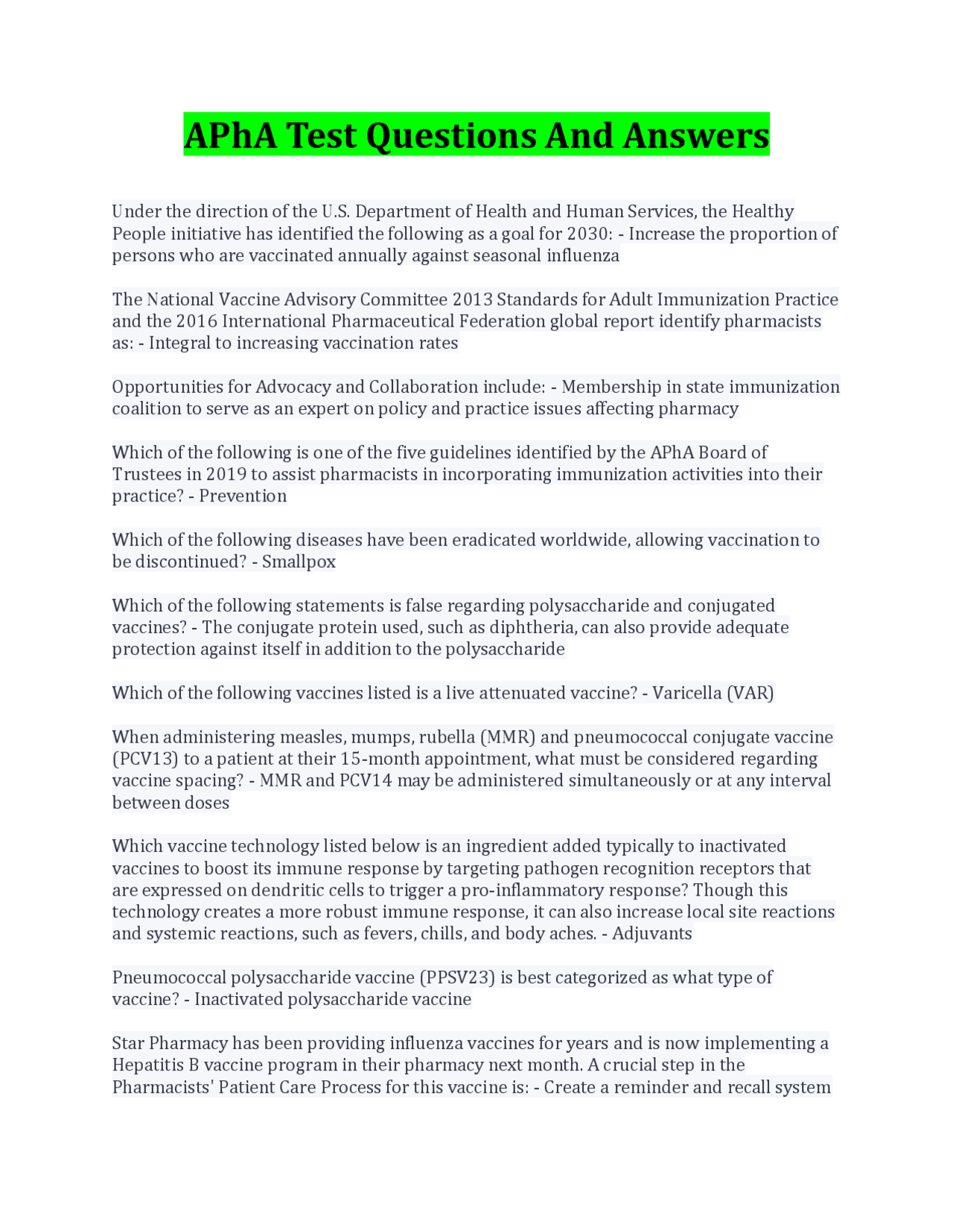 APhA Test Questions And Answers | Exams Health sciences | Docsity