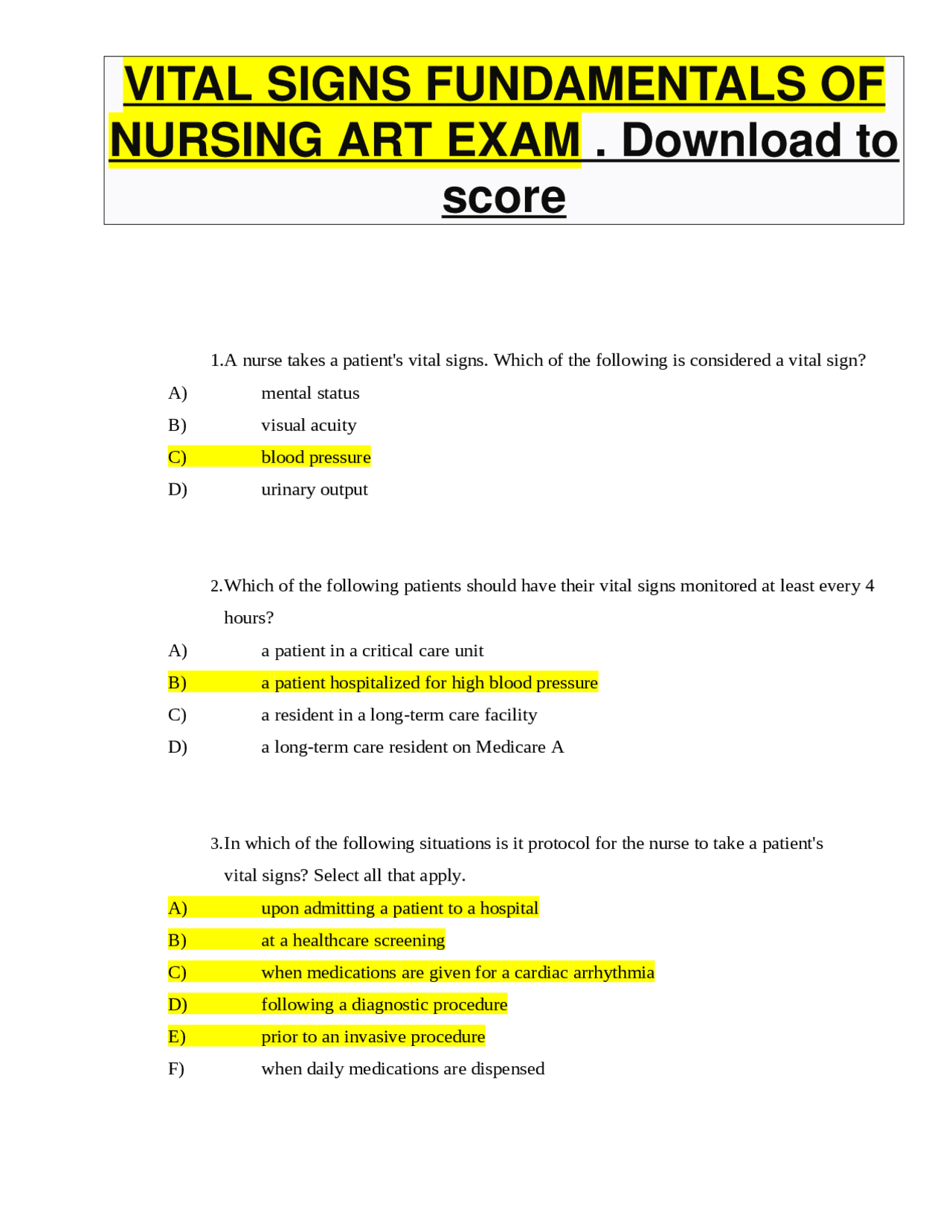 VITAL SIGNS FUNDAMENTALS OF NURSING ART EXAM . Download to score ...