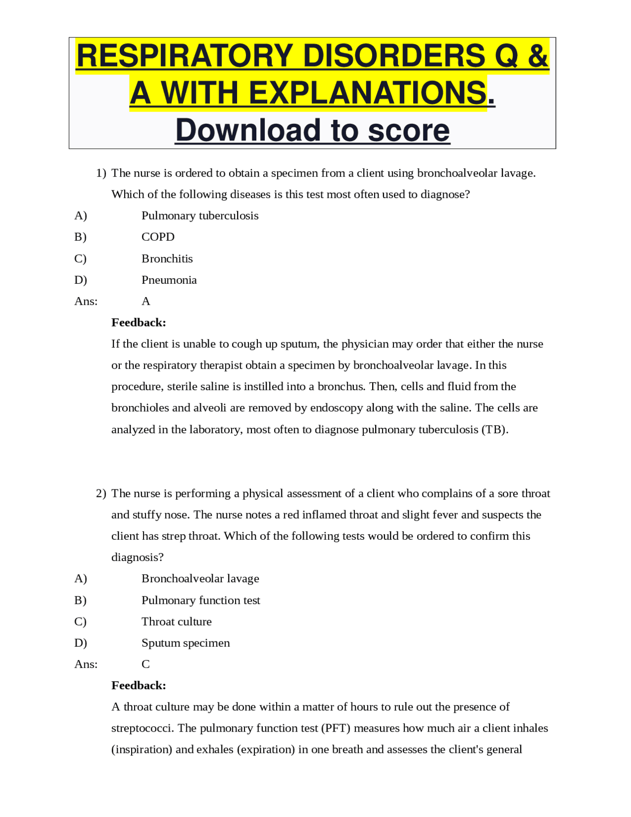 RESPIRATORY DISORDERS Q & A WITH EXPLANATIONS. Download to score ...