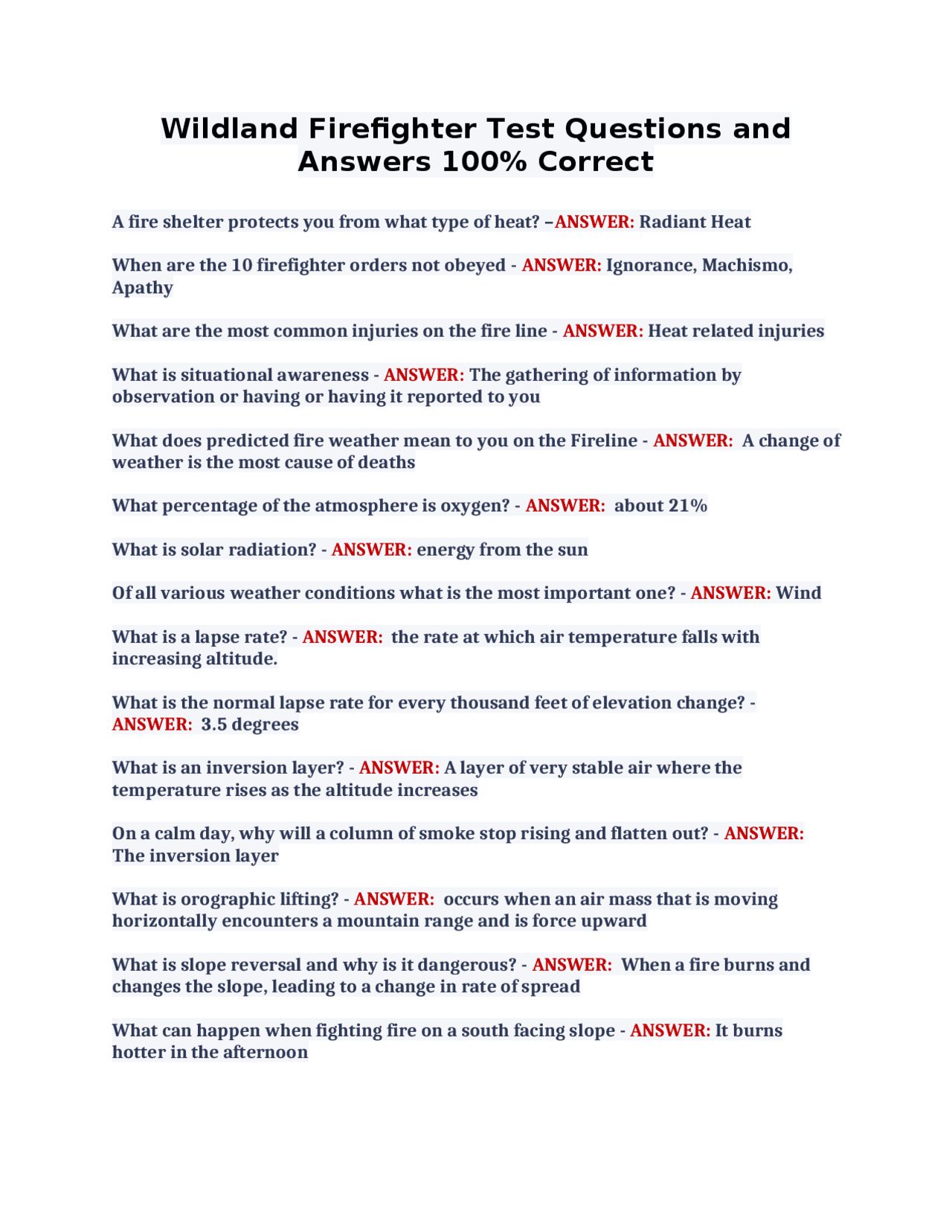 Wildland Firefighter Test Questions and Answers 100% Correct | Exams ...