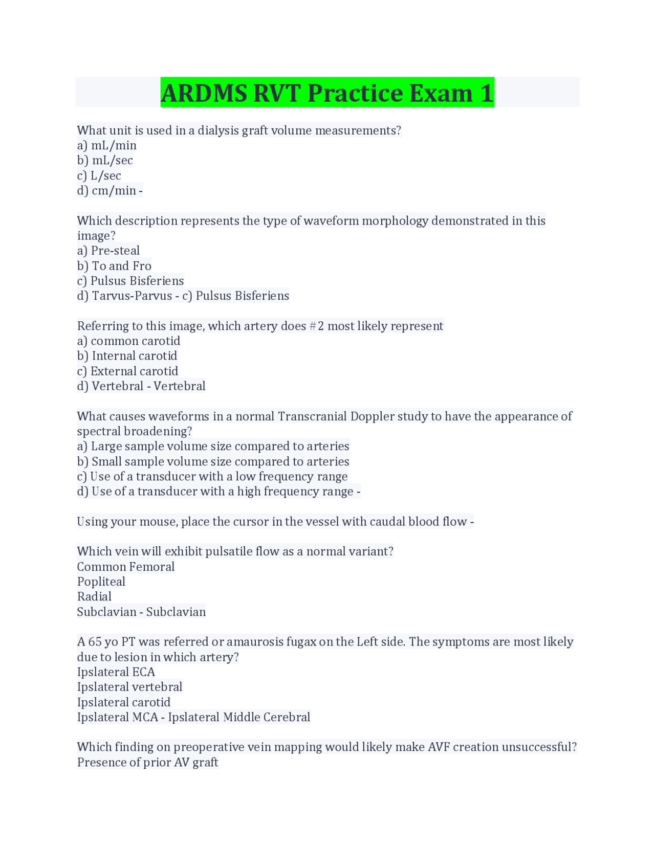 ARDMS RVT Practice Exam 1 | Exams Health sciences | Docsity