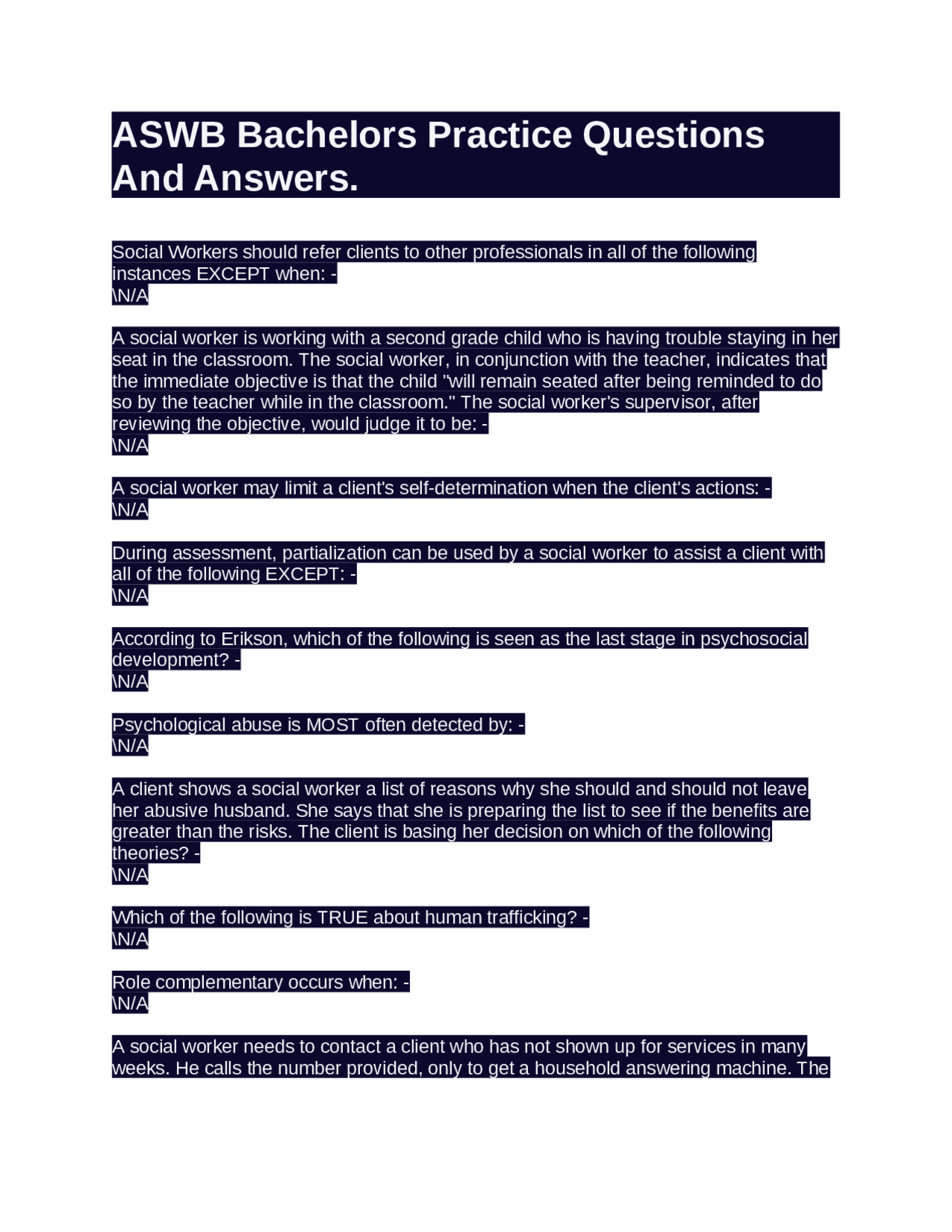 ASWB Bachelors Practice Questions And Answers. | Exams Public Health ...