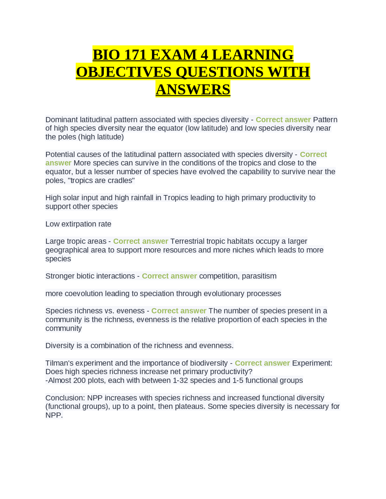BIO 171 EXAM 4 LEARNING OBJECTIVES QUESTIONS WITH ANSWERS | Exams ...