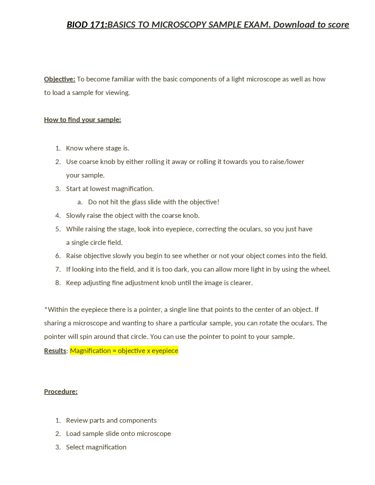 Light Microscopy Basics and Sample Exam: A Guide to Loading and ...