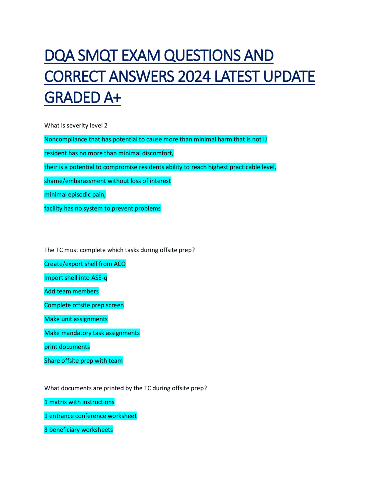 DQA SMQT EXAM QUESTIONS AND CORRECT ANSWERS 2024 LATEST UPDATE GRADED ...