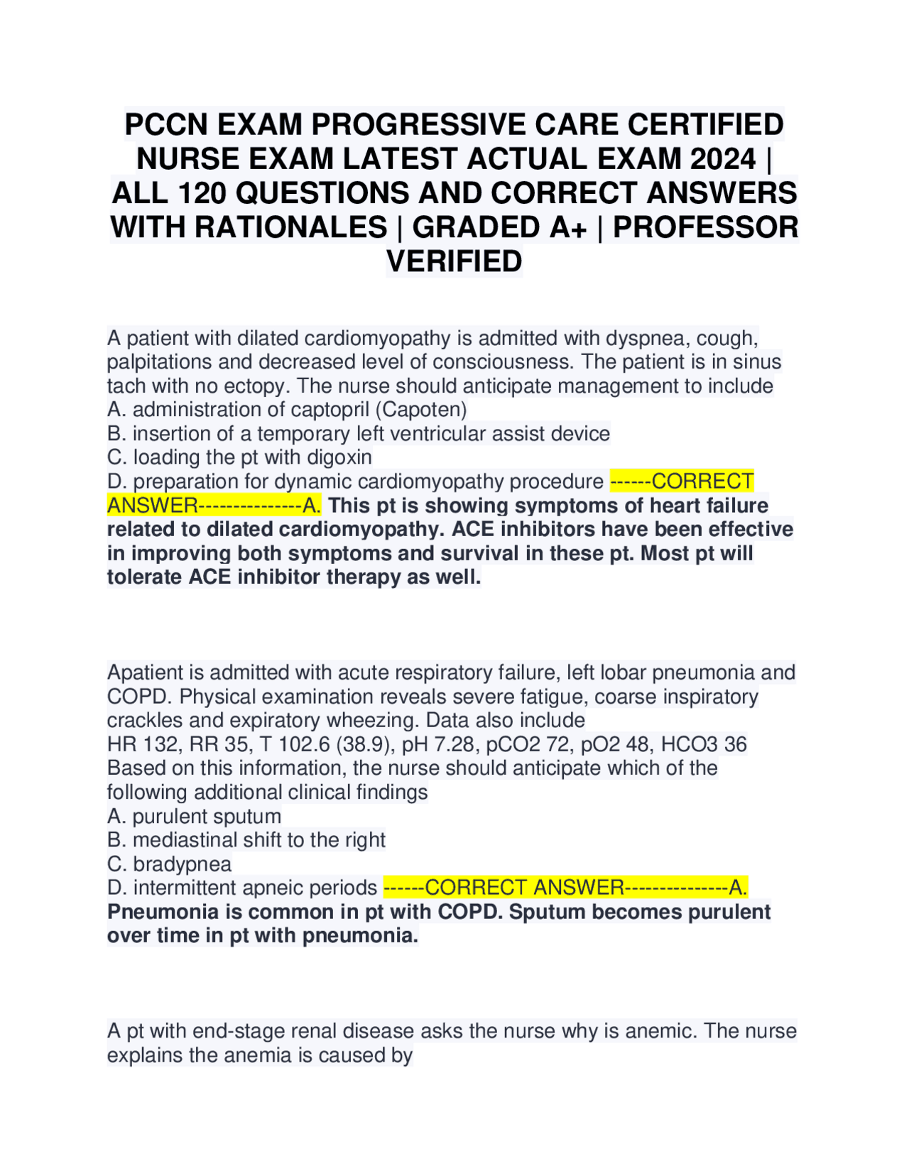 PCCN EXAM PROGRESSIVE CARE CERTIFIED NURSE EXAM LATEST ACTUAL EXAM 2024 ...