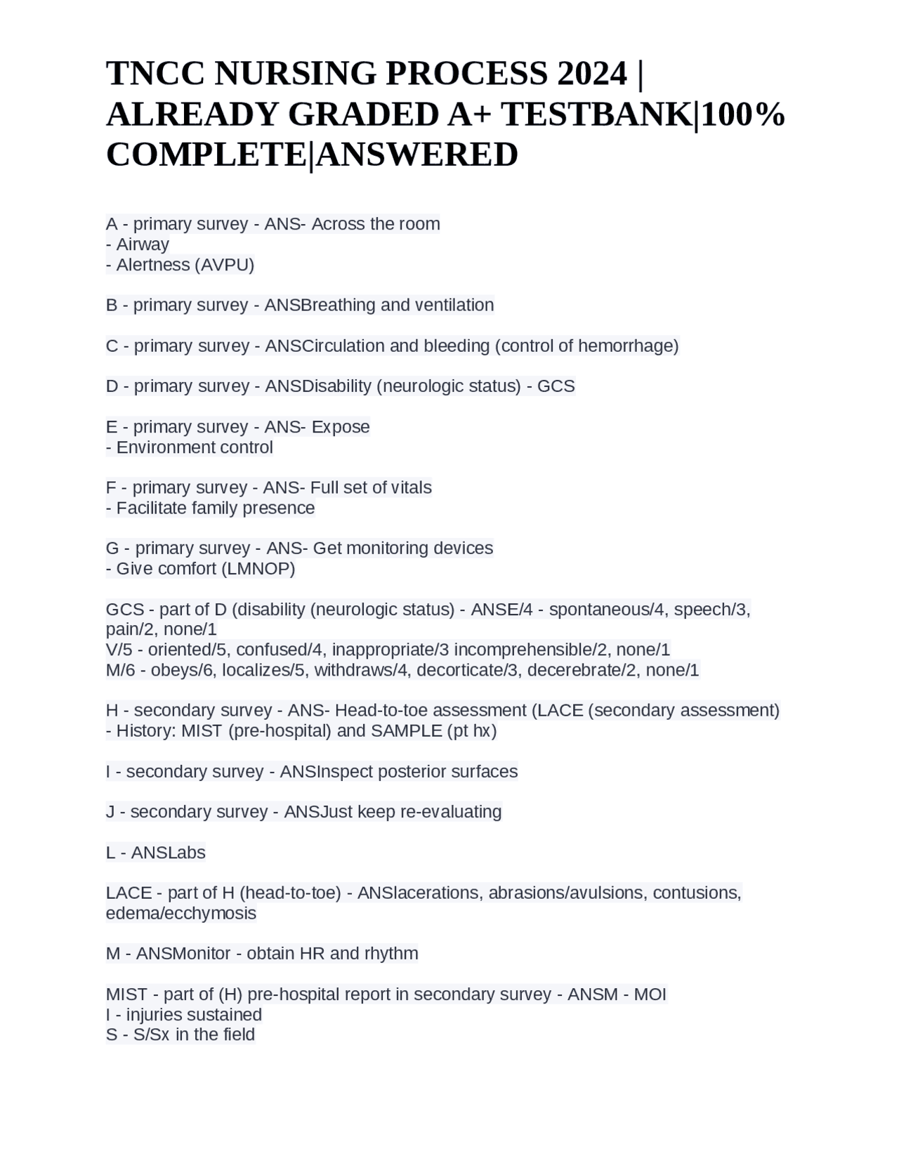 TNCC Nursing Process 2024 Already Graded A+ TESTBANK.docx TNCC Trauma ...