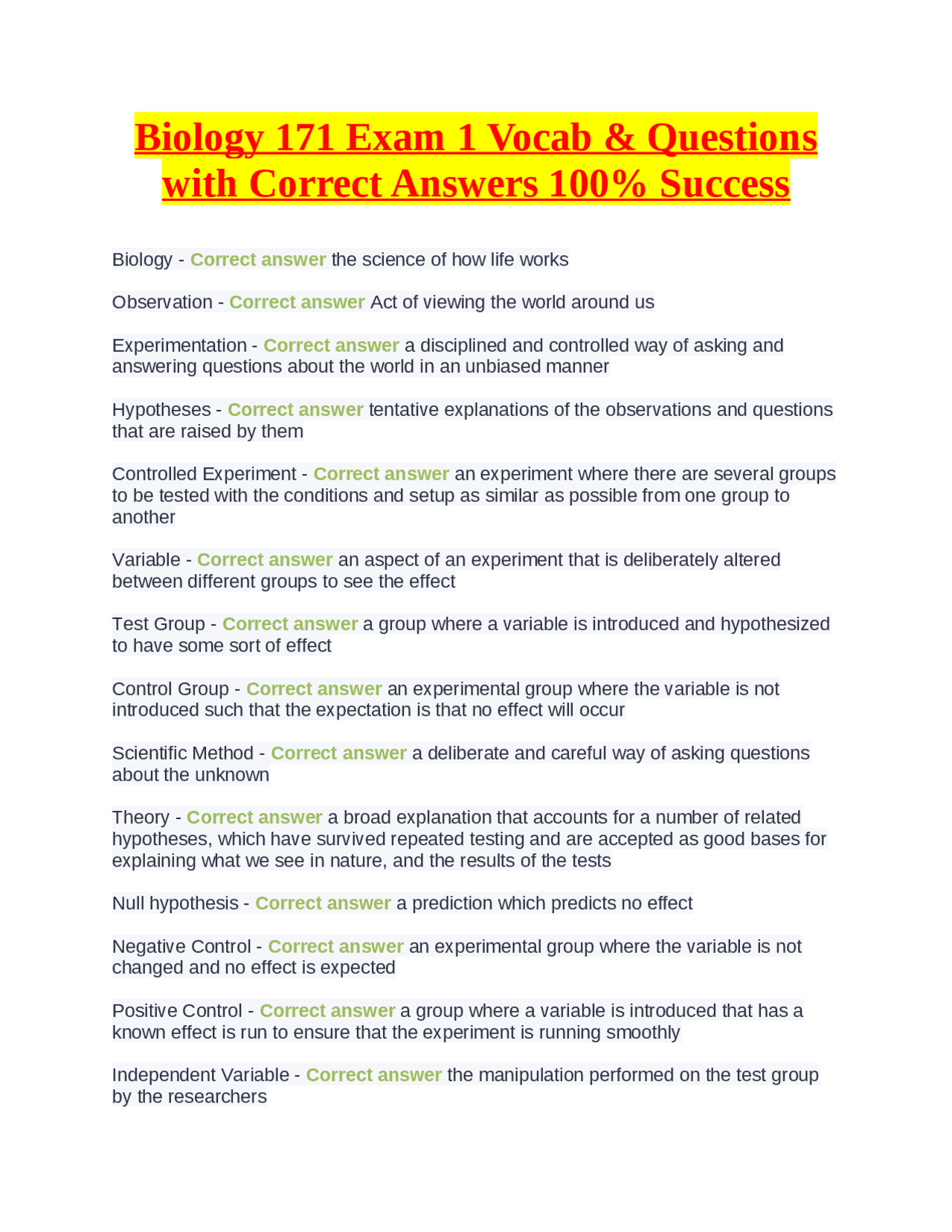 Biology 171 Exam 1 Vocab & Questions with Correct Answers 100% Success ...
