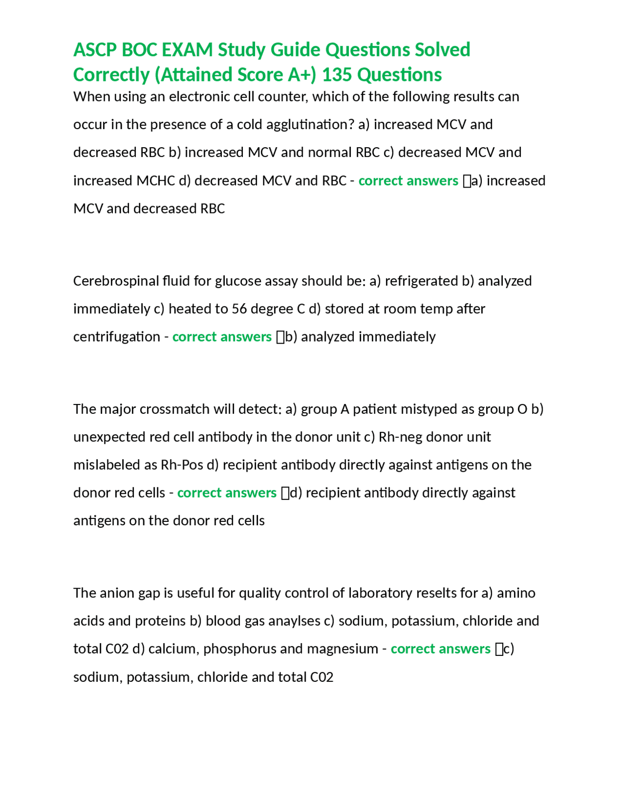 ASCP BOC EXAM Study Guide: Answers to 135 Questions Solved Correctly ...