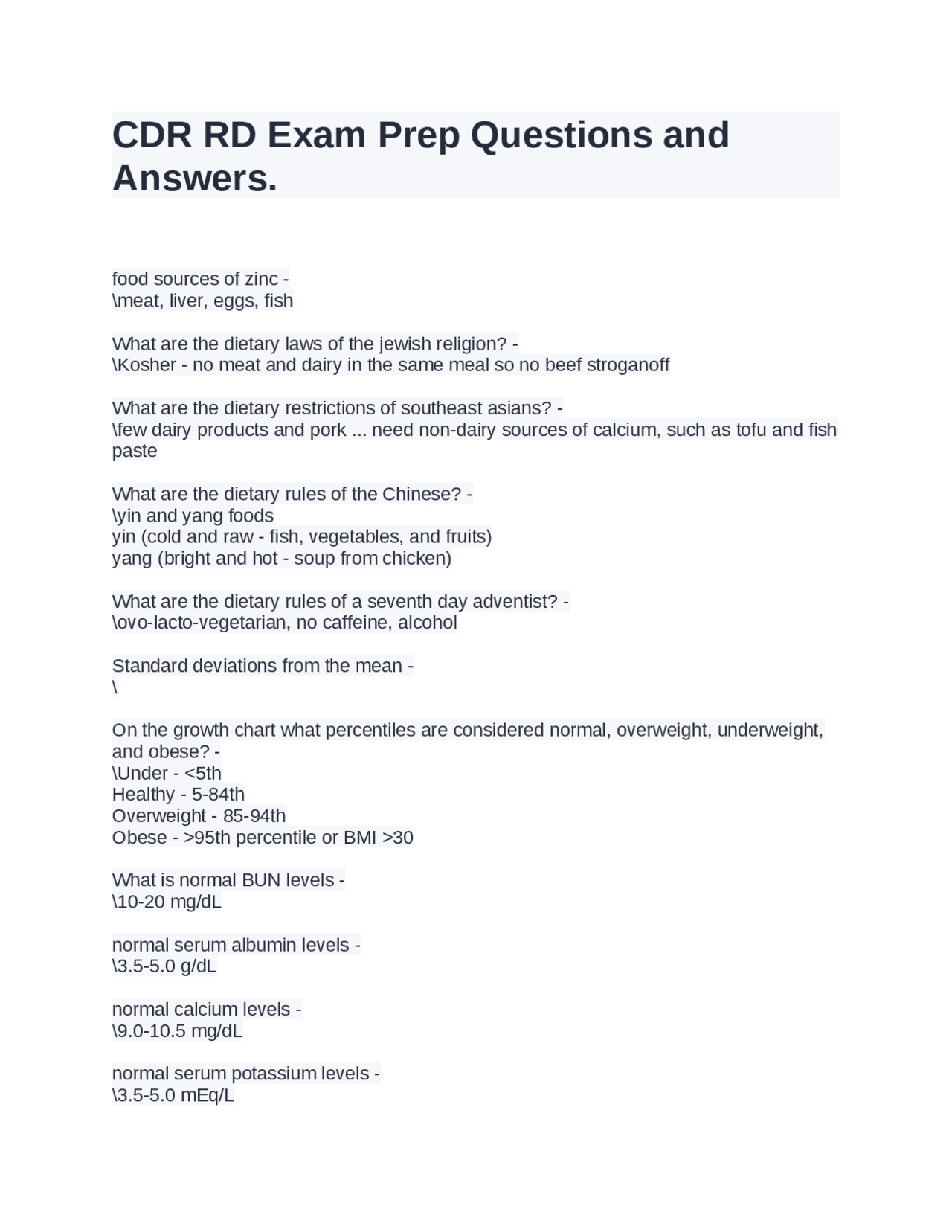 CDR RD Exam Prep Questions and Answers. | Exams Medicine | Docsity