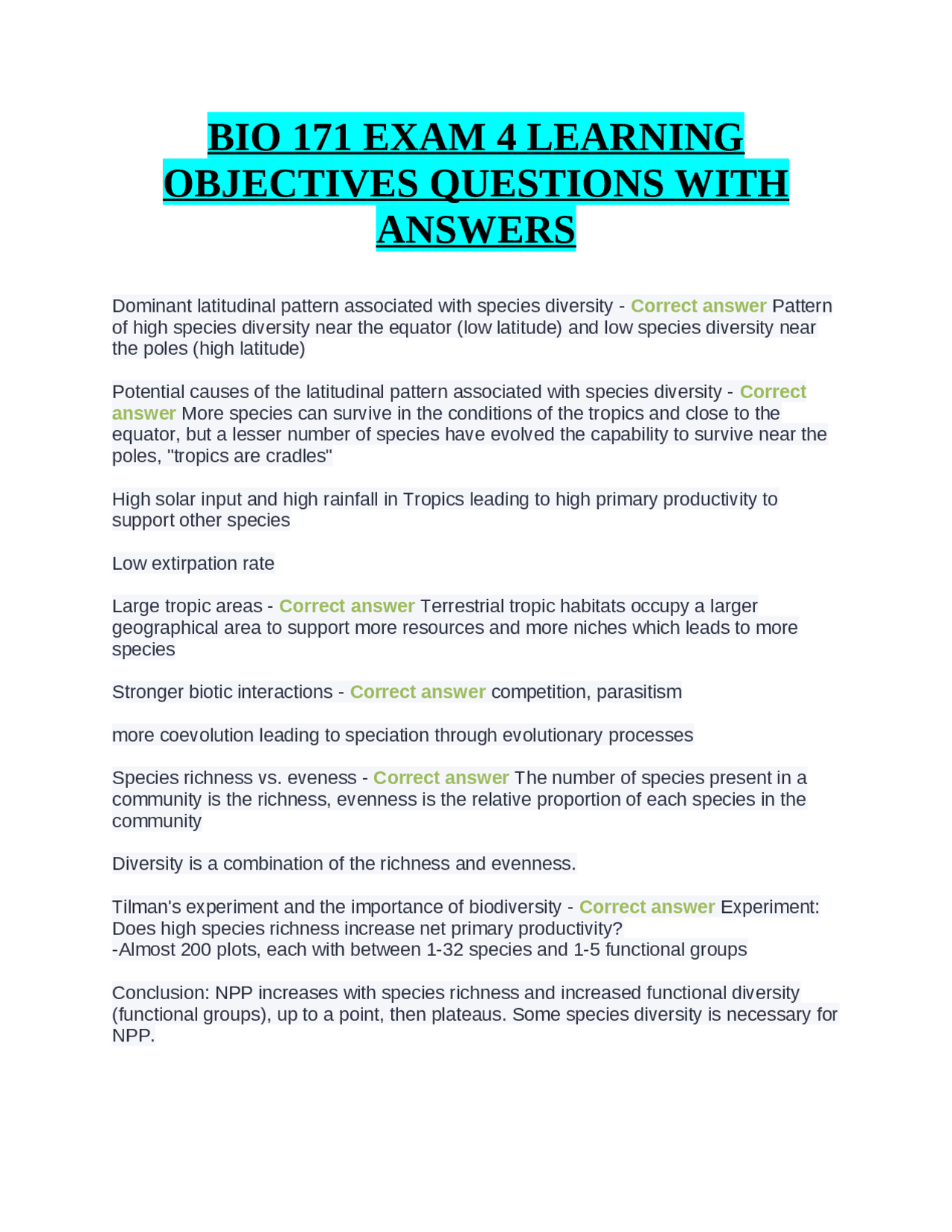 BIO 171 EXAM 4 LEARNING OBJECTIVES QUESTIONS WITH ANSWERS | Exams ...