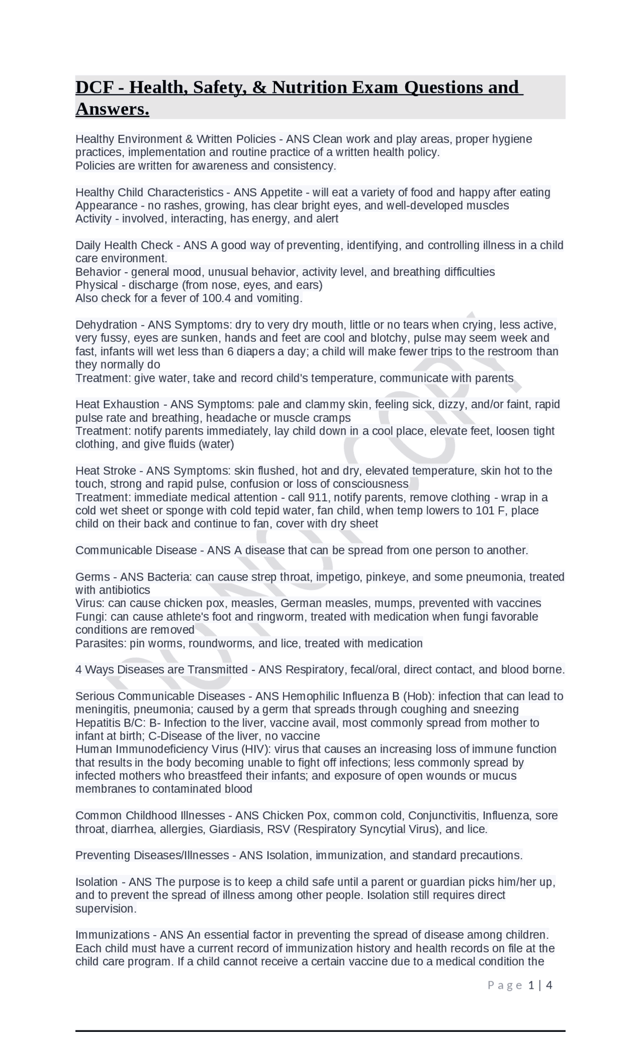 DCF - Health, Safety, & Nutrition Exam Questions and Answers. | Exams ...