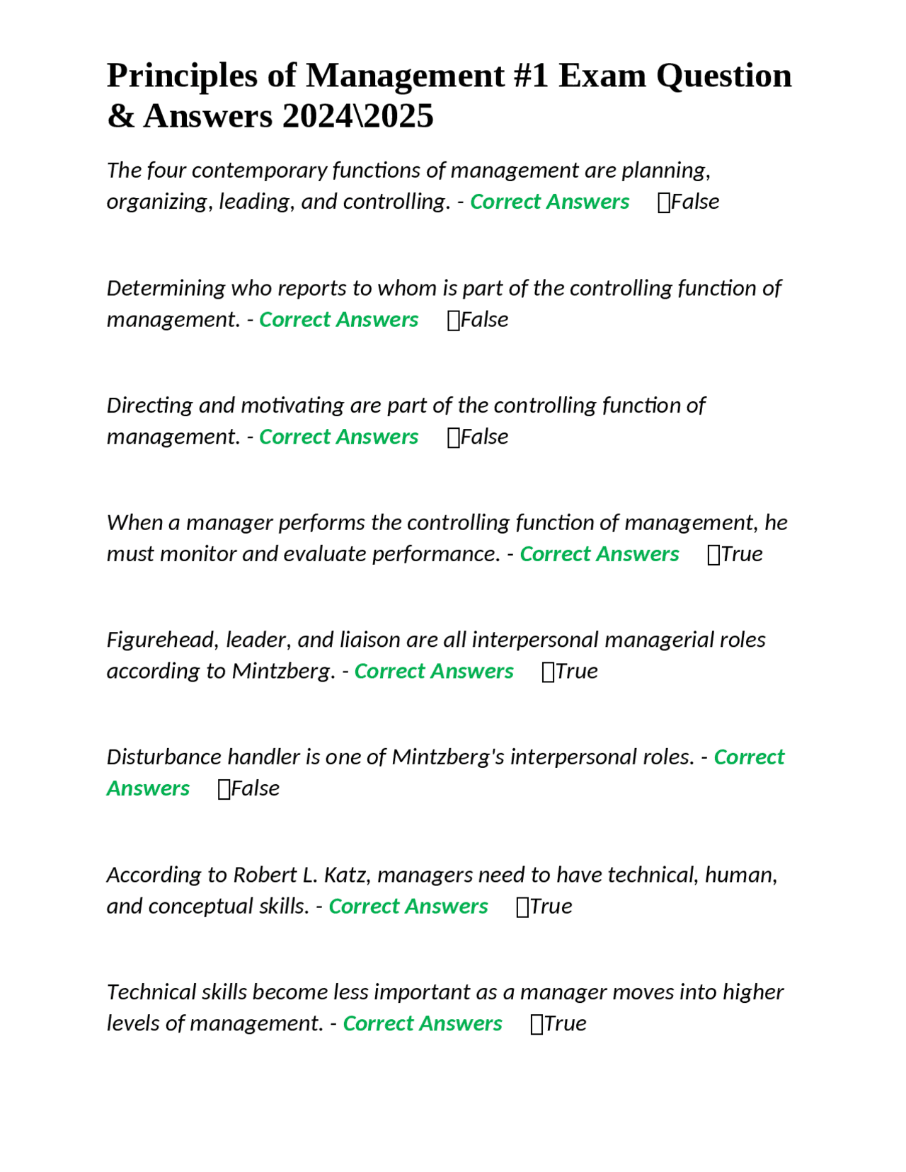 Principles of Management Exam Questions & Answers 2024-2025 | Exams ...