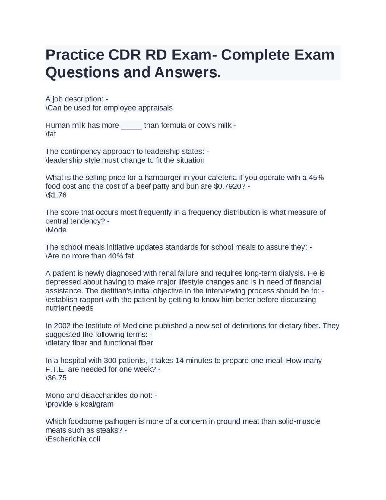 Practice CDR RD Exam- Complete Exam Questions and Answers. | Exams Medicine | Docsity