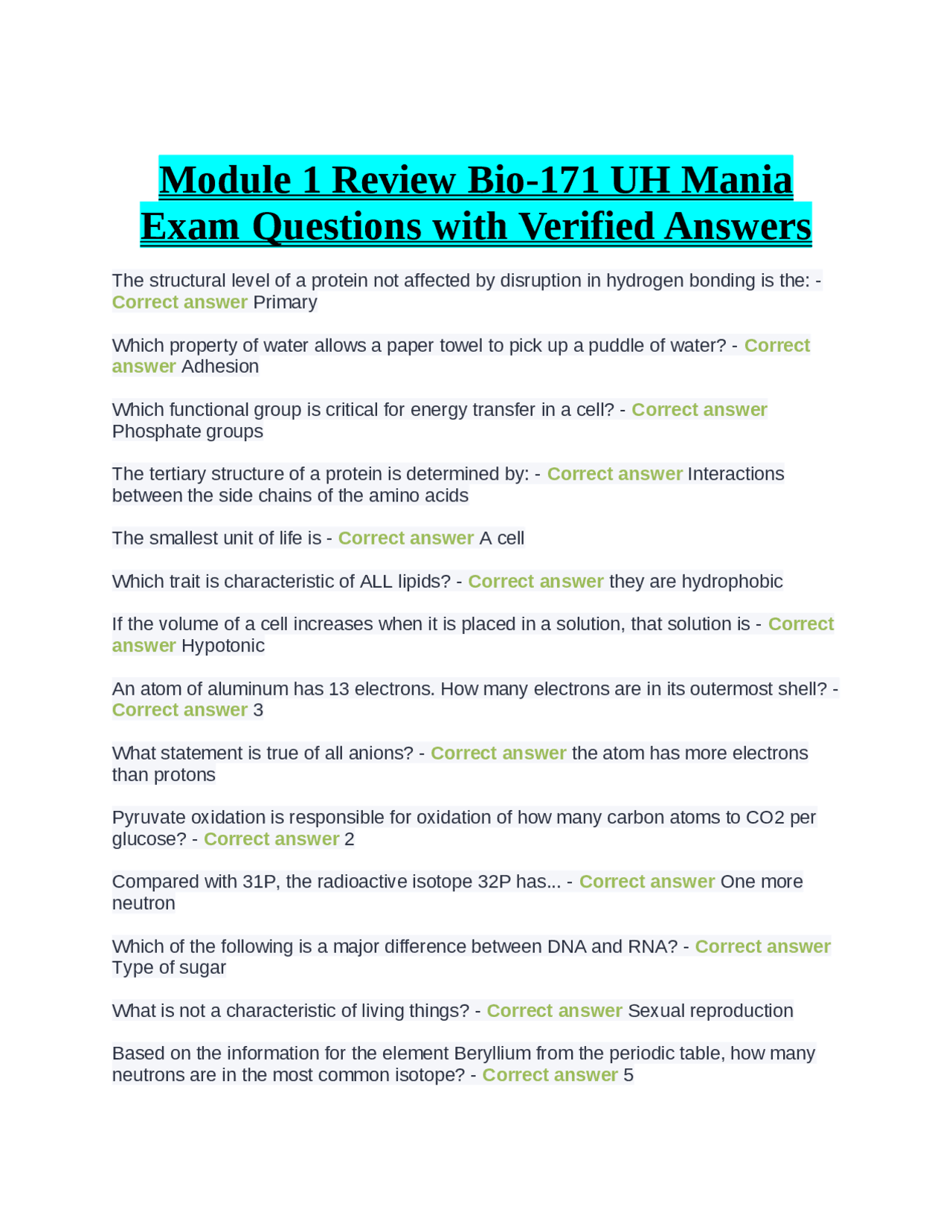Module 1 Review Bio-171 UH Mania Exam Questions with Verified Answers ...