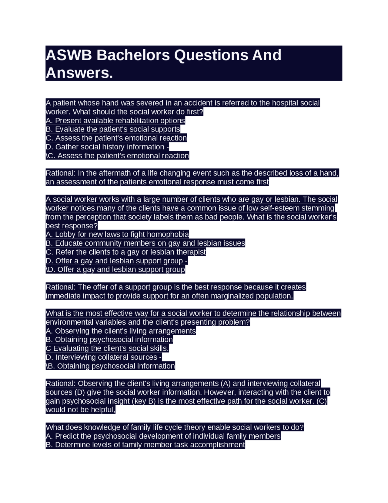 ASWB Bachelors Questions And Answers. | Exams Nursing | Docsity