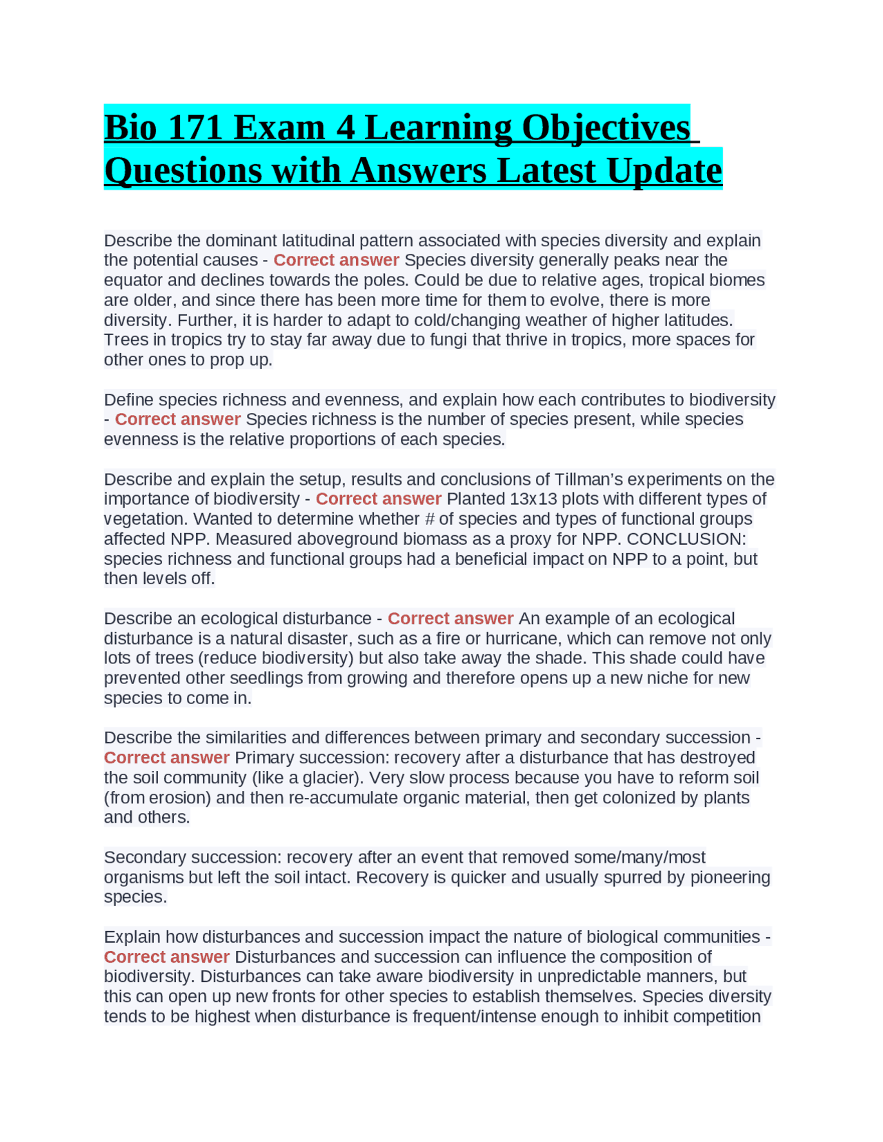 Bio 171 Exam 4 Learning Objectives Questions with Answers Latest Update ...