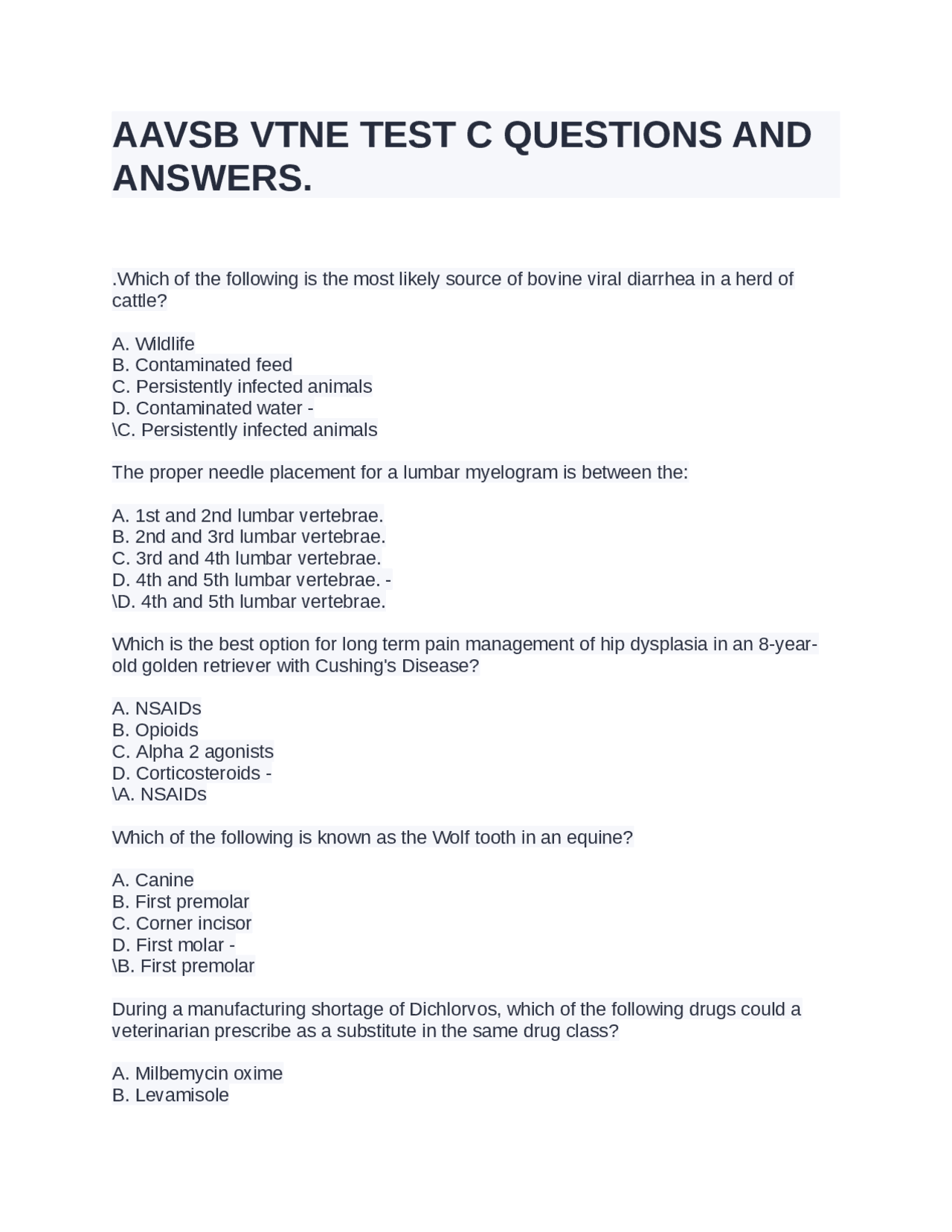 AAVSB VTNE TEST C QUESTIONS AND ANSWERS. | Exams Medicine | Docsity
