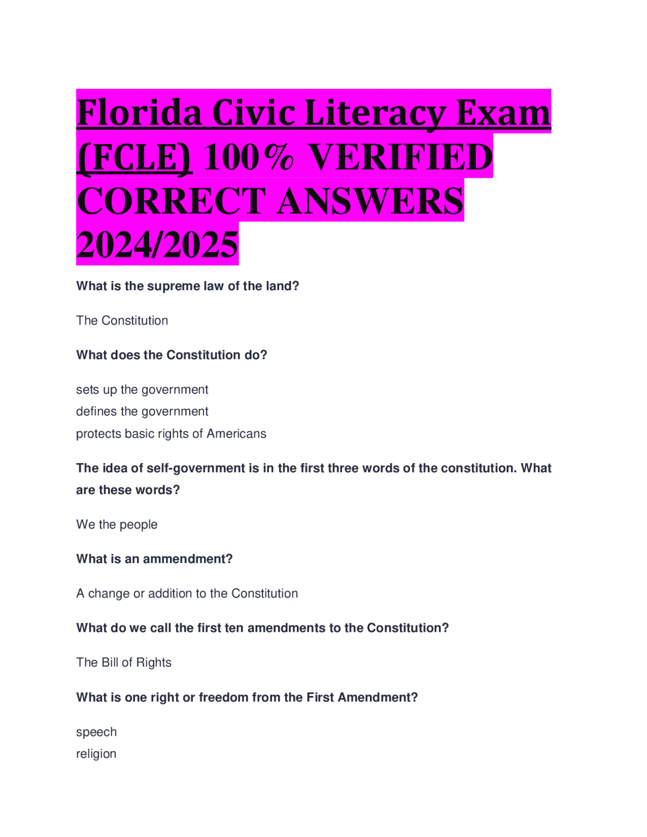 Florida Civic Literacy Exam (FCLE) 100% VERIFIED CORRECT ANSWERS 2024/ ...
