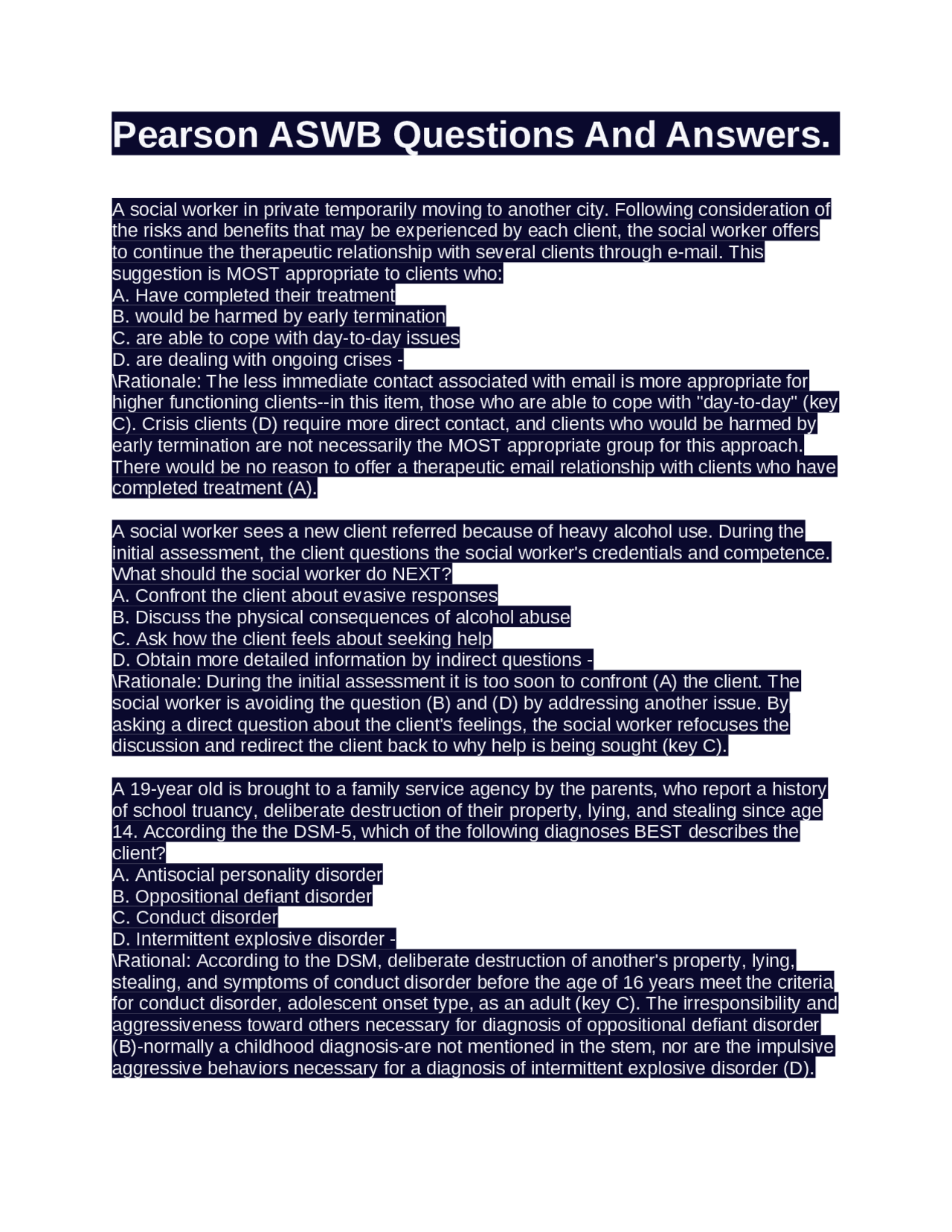 Pearson ASWB Questions And Answers. | Exams Social Work | Docsity