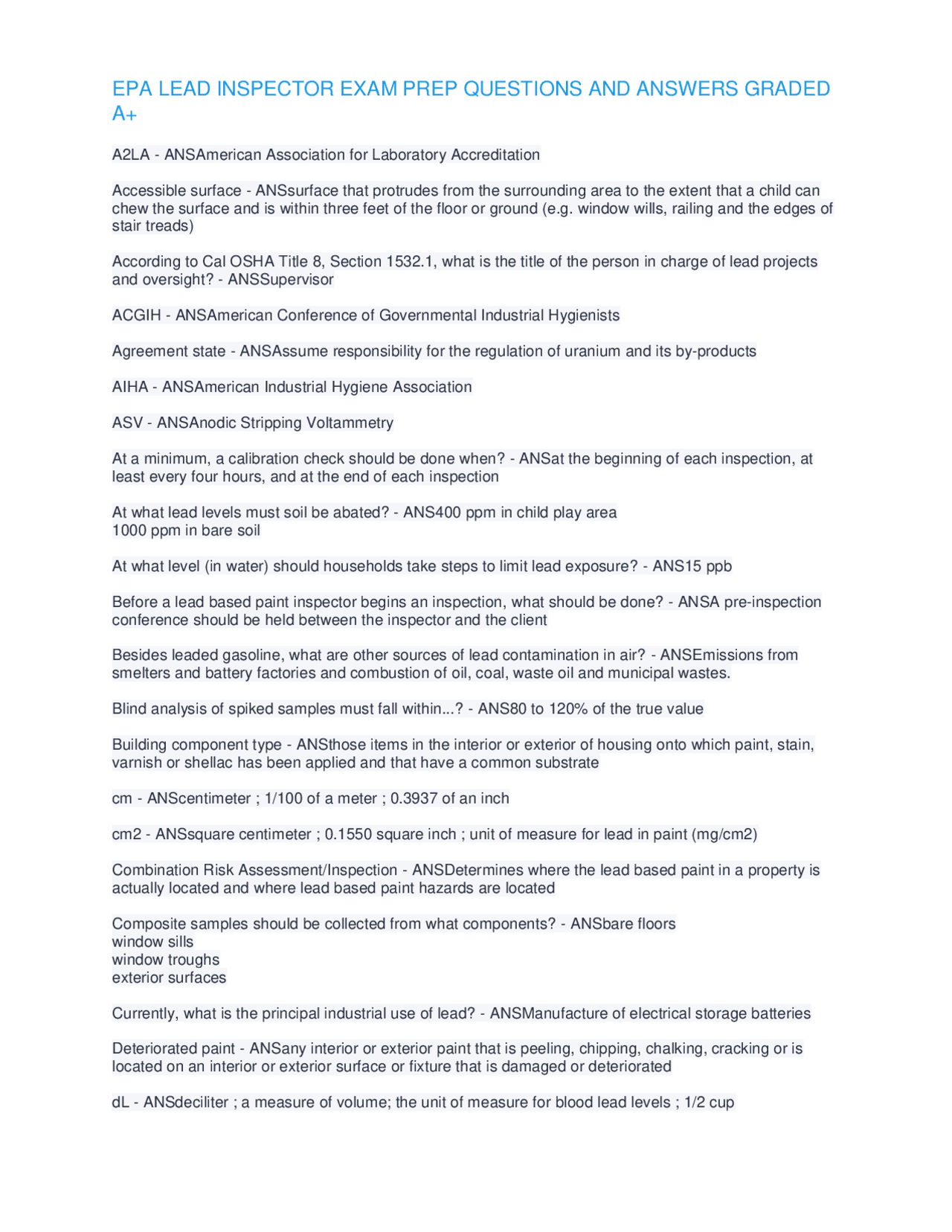 EPA LEAD INSPECTOR EXAM PREP QUESTIONS AND ANSWERS GRADED A+.pdf ...