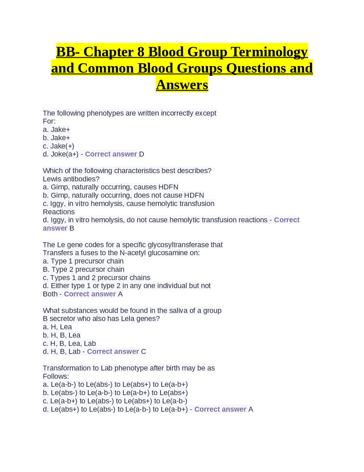 BB- Chapter 8 Blood Group Terminology and Common Blood Groups Questions ...