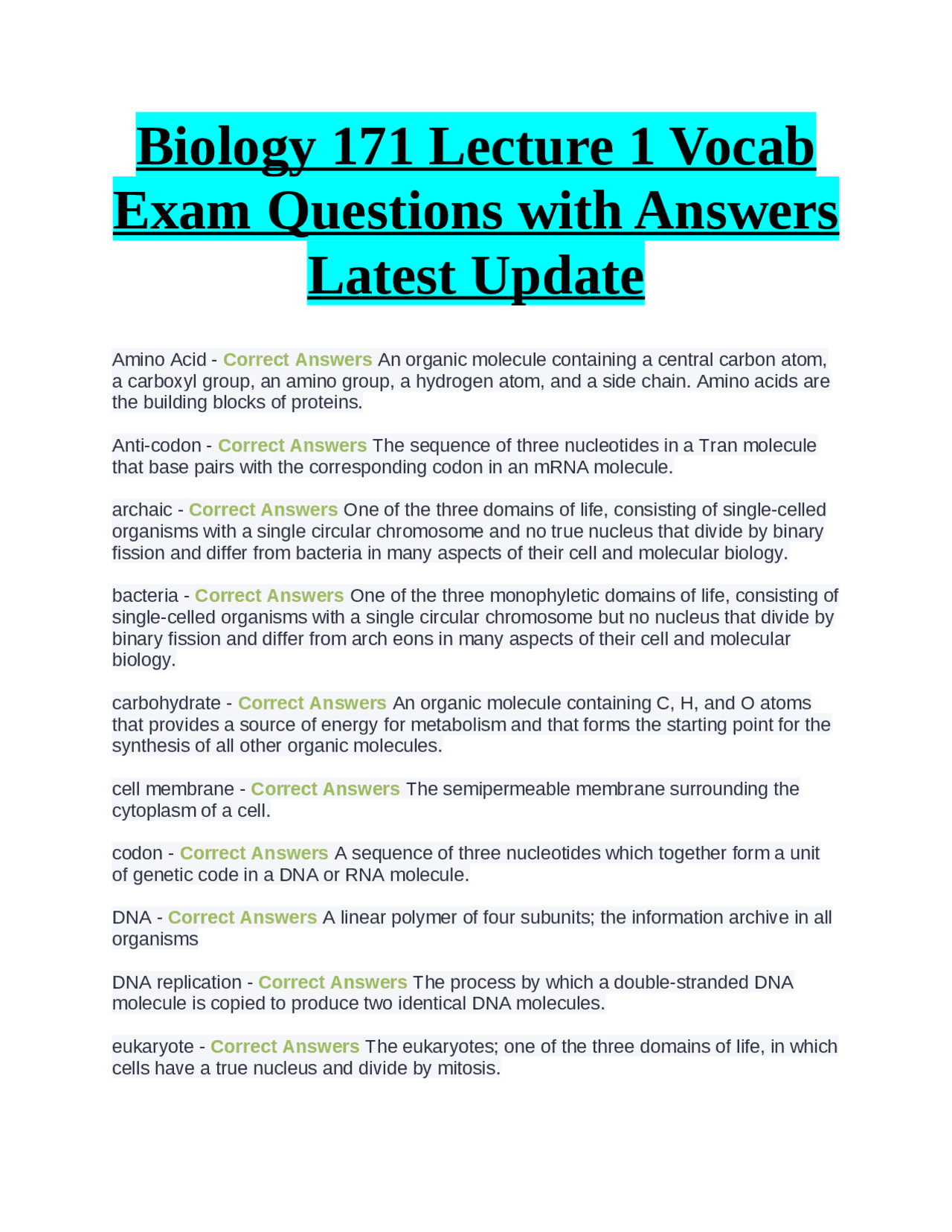 Biology 171 Lecture 1 Vocabulary: Key Terms and Definitions | Exams ...