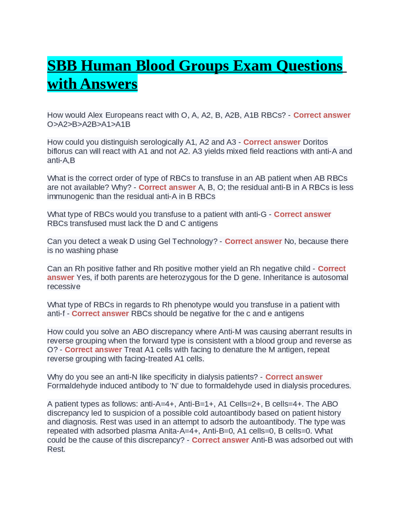 SBB Human Blood Groups Exam Questions with Answers | Exams Nursing ...