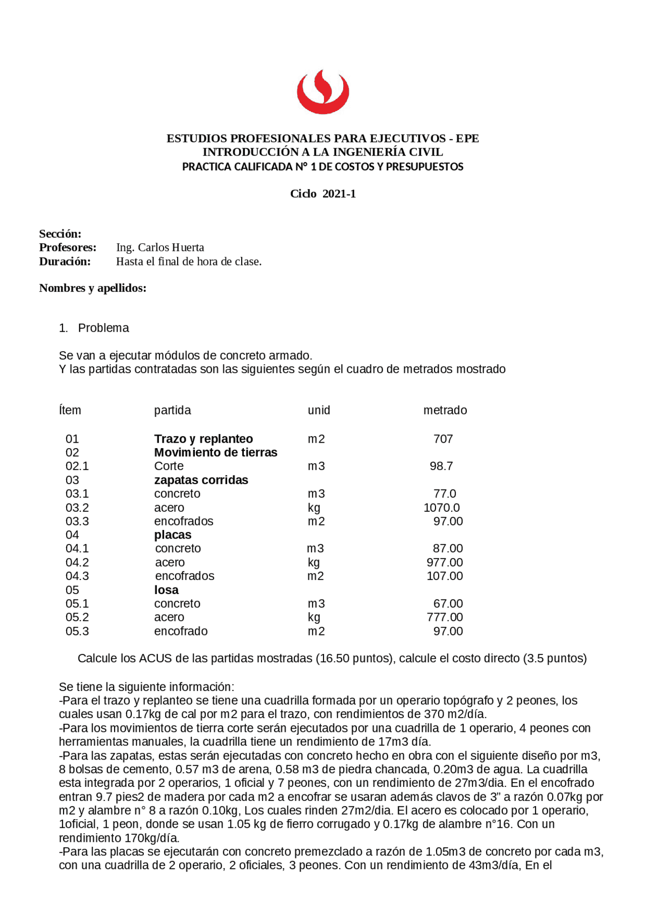 PC1 - Costos y presupuestos | Exámenes de Ingeniería Civil | Docsity