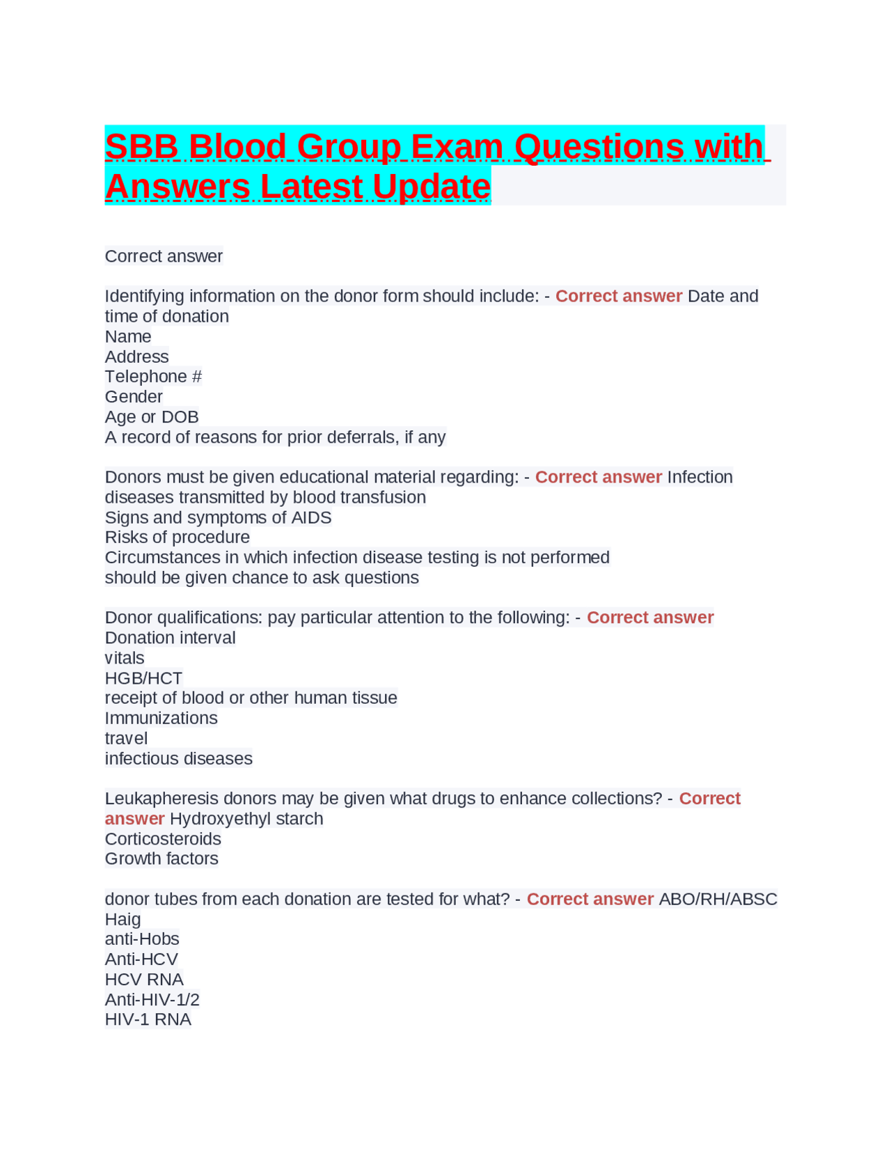 SBB Blood Group Exam Questions with Answers Latest Update | Exams ...