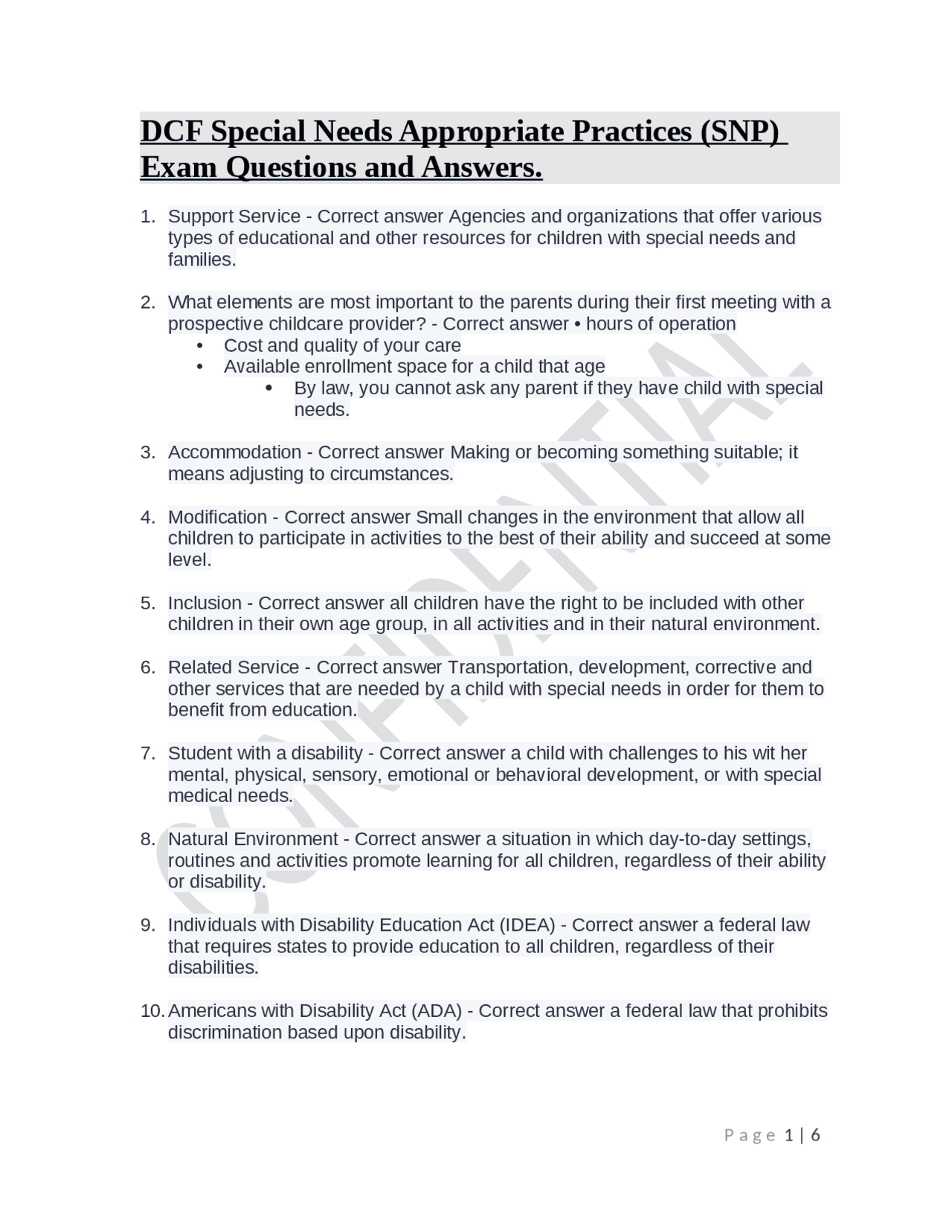 DCF Special Needs Appropriate Practices (SNP) Exam Questions and Answers. | Exams Laboratory ...