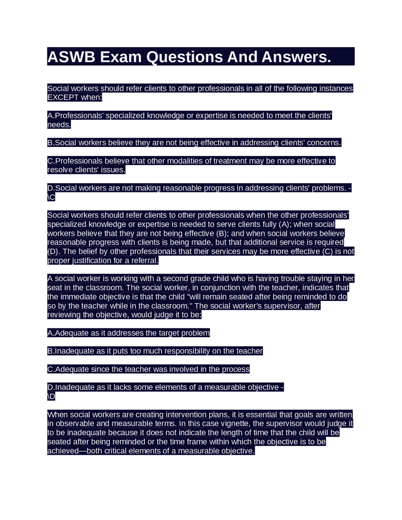 ASWB Exam Questions And Answers. | Exams Social Work | Docsity