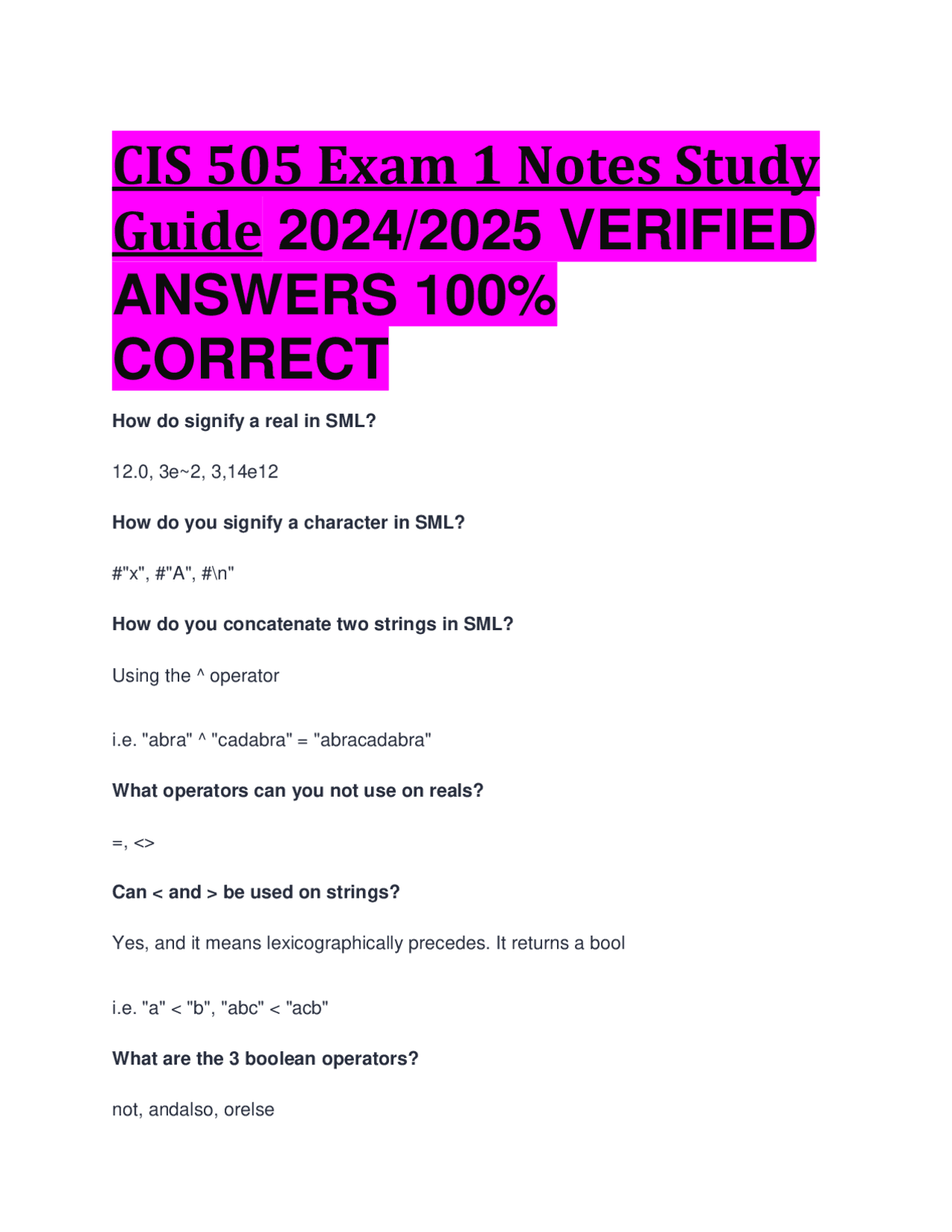 CIS 505 Exam 1 Notes Study Guide 2024/2025 VERIFIED ANSWERS 100% ...