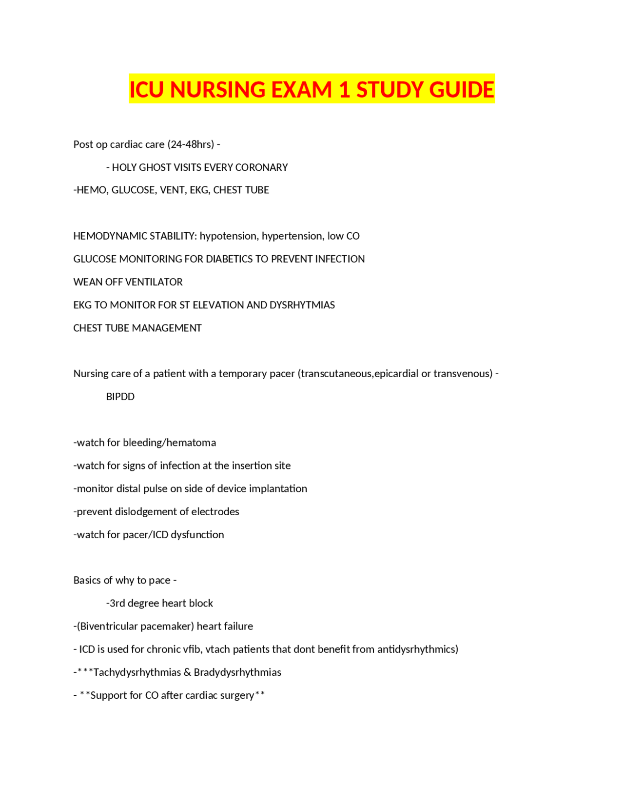 Post-Operative Cardiac Care Study Guide | Exams General Surgery | Docsity
