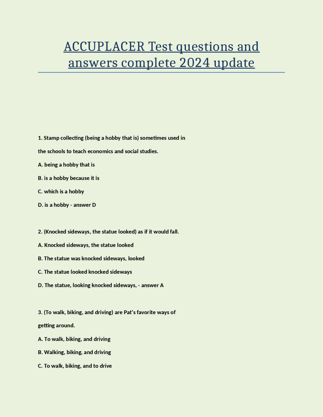 ACCUPLACER Test questions and answers complete 2024 update | Exams ...