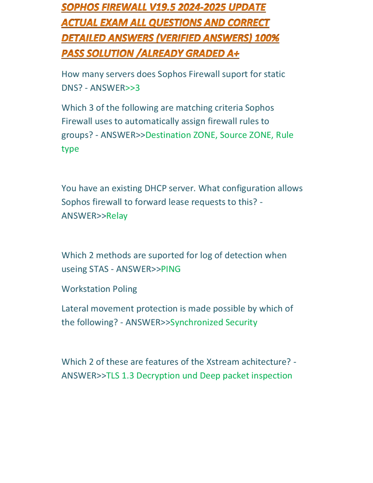 SOPHOS EXAM 2024 LATEST VERSION QUESTIONS AND CORRECT ANSWERS | Exams ...