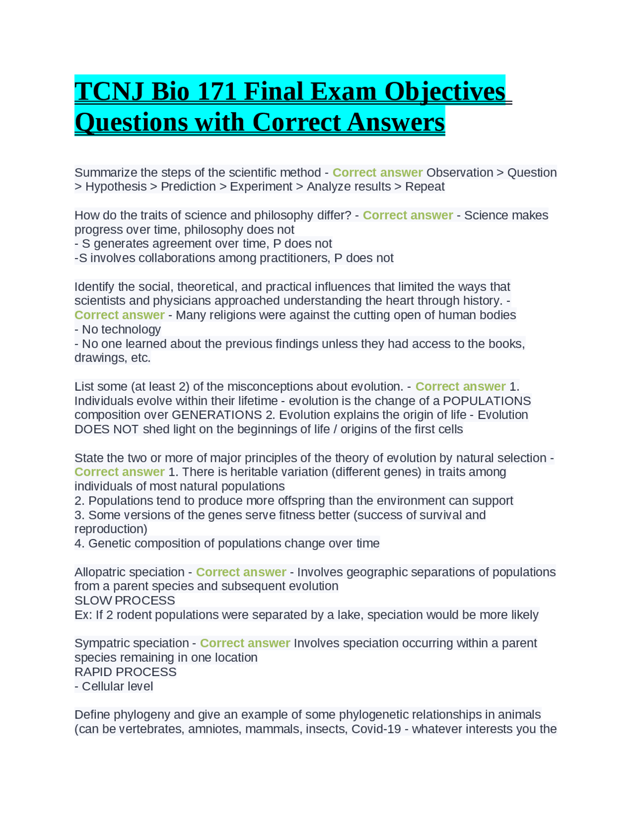 TCNJ Bio 171 Final Exam Objectives Questions with Correct Answers | Exams Biology | Docsity