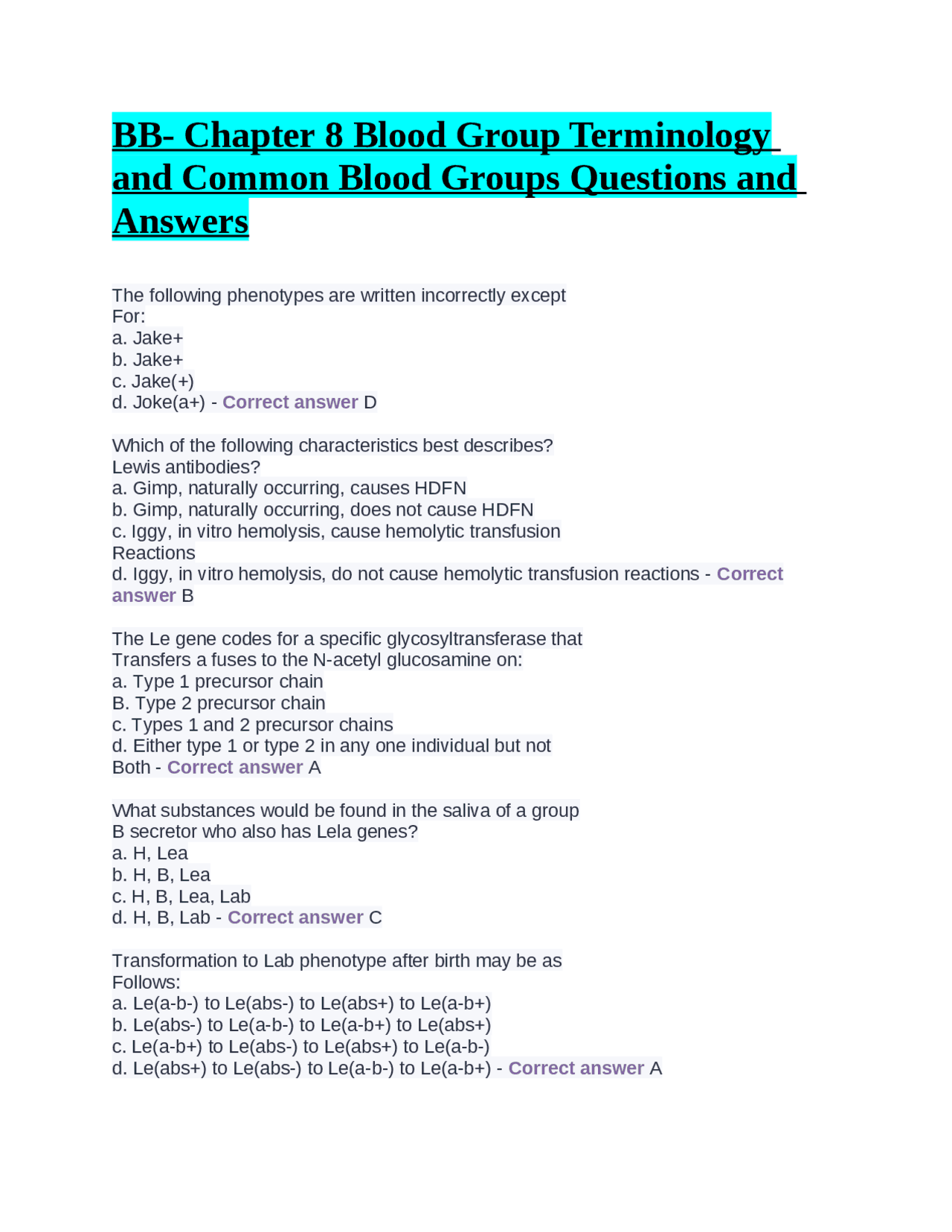 BB- Chapter 8 Blood Group Terminology and Common Blood Groups Questions ...