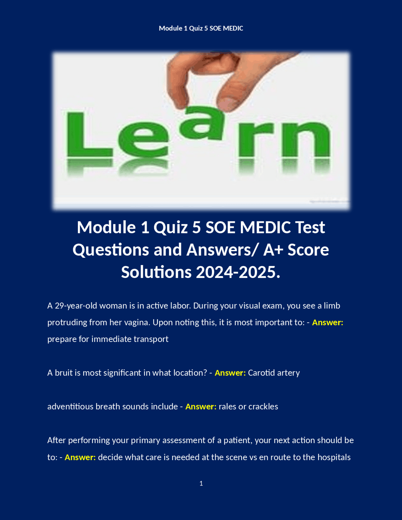 SOE MEDIC Module 1 Quiz 5: Emergency Medical Assessment | Exams Nursing ...