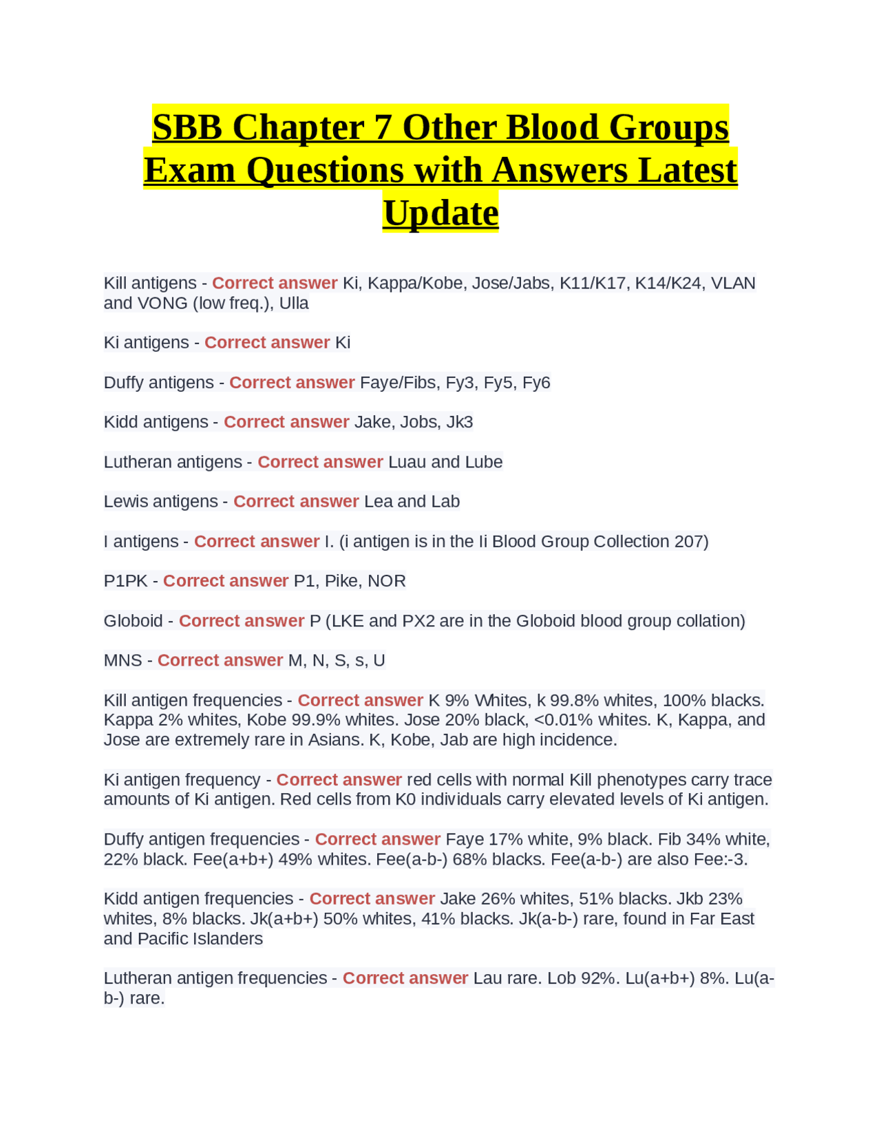 SBB Chapter 7 Other Blood Groups Exam Questions with Answers Latest ...