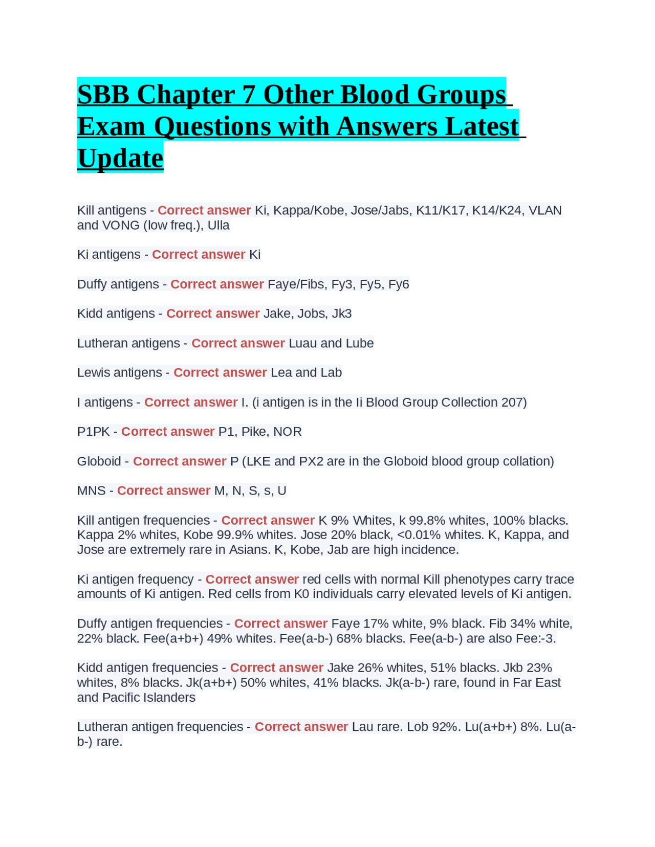 SBB Chapter 7 Other Blood Groups Exam Questions with Answers Latest ...