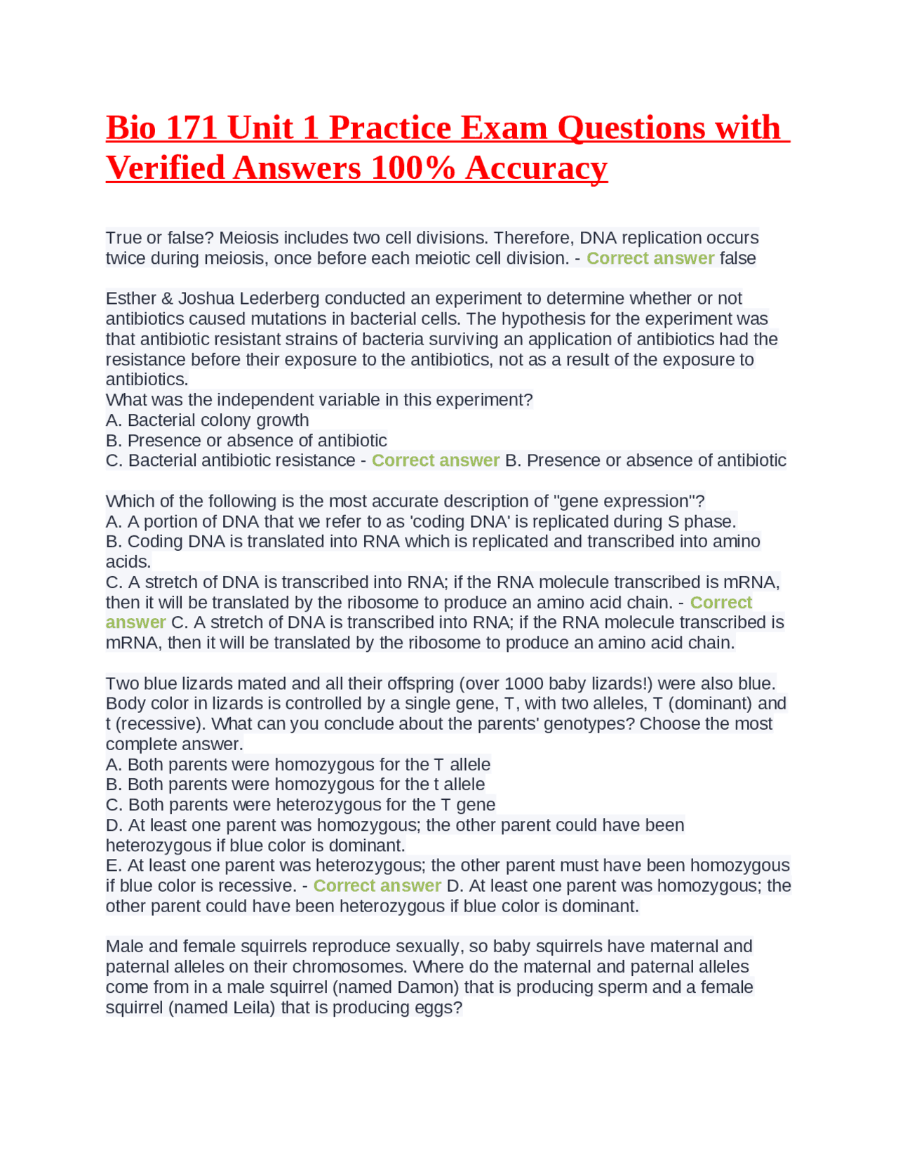 Bio 171 Unit 1 Practice Exam Questions with Verified Answers 100% ...