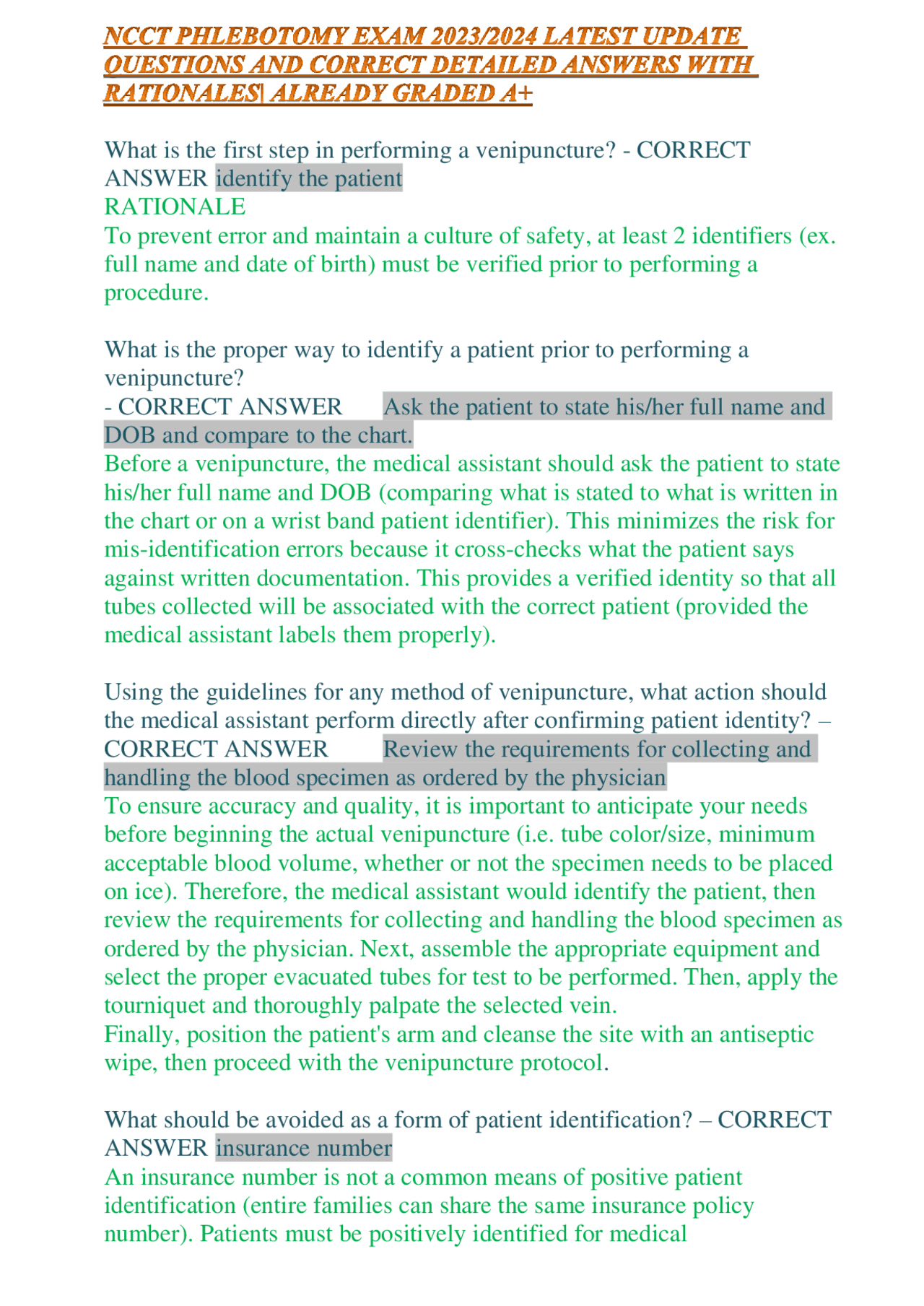 NCCT PHLEBOTOMY EXAM 2024 QUESTIONS AND CORRECT ANSWERS | Exams Nursing | Docsity