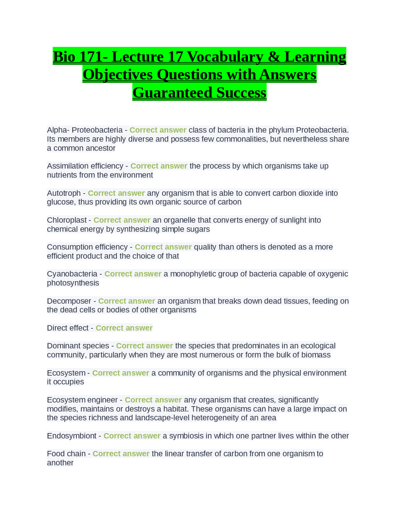 Bio 171- Lecture 17 Vocabulary & Learning Objectives Questions with ...