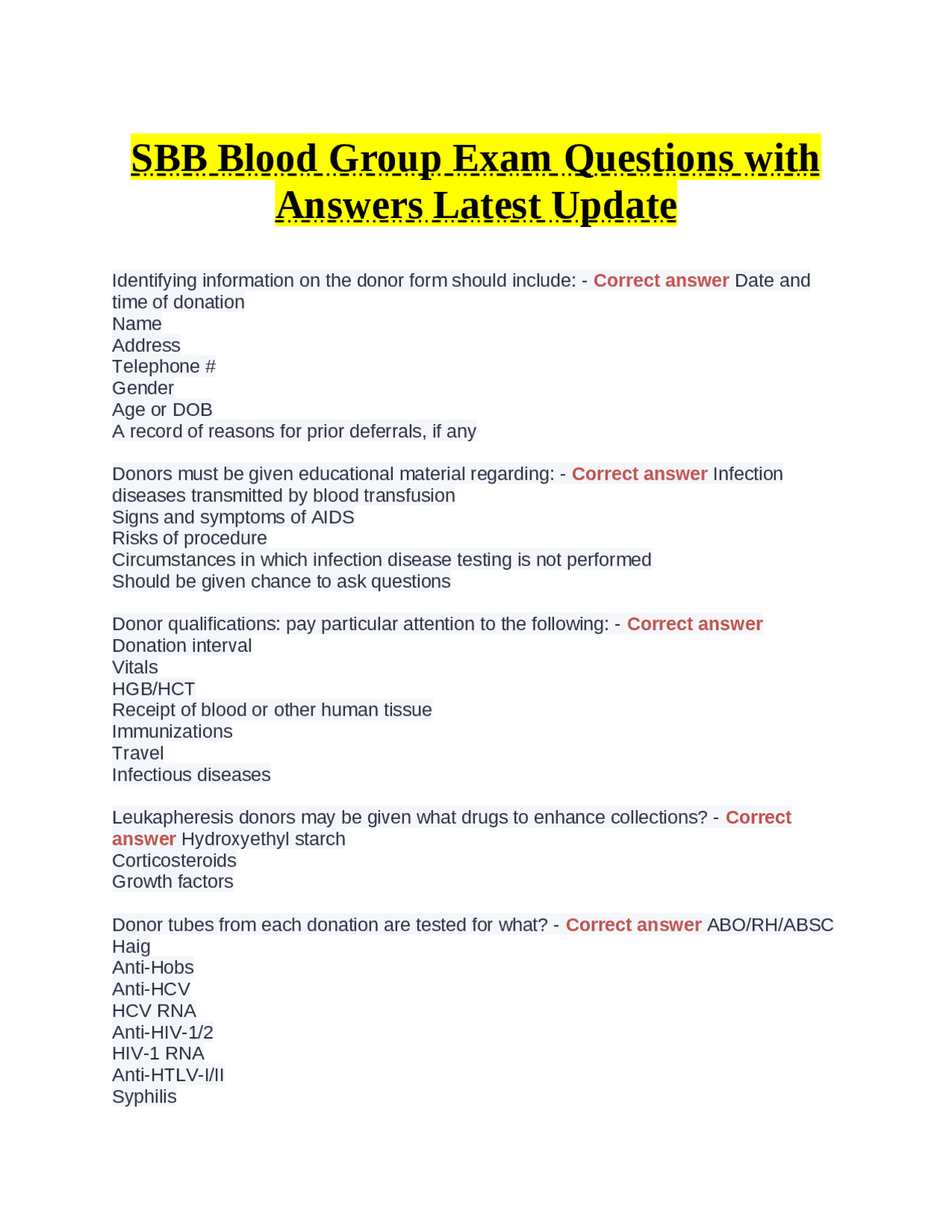 SBB Blood Group Exam Questions with Answers Latest Update | Exams ...
