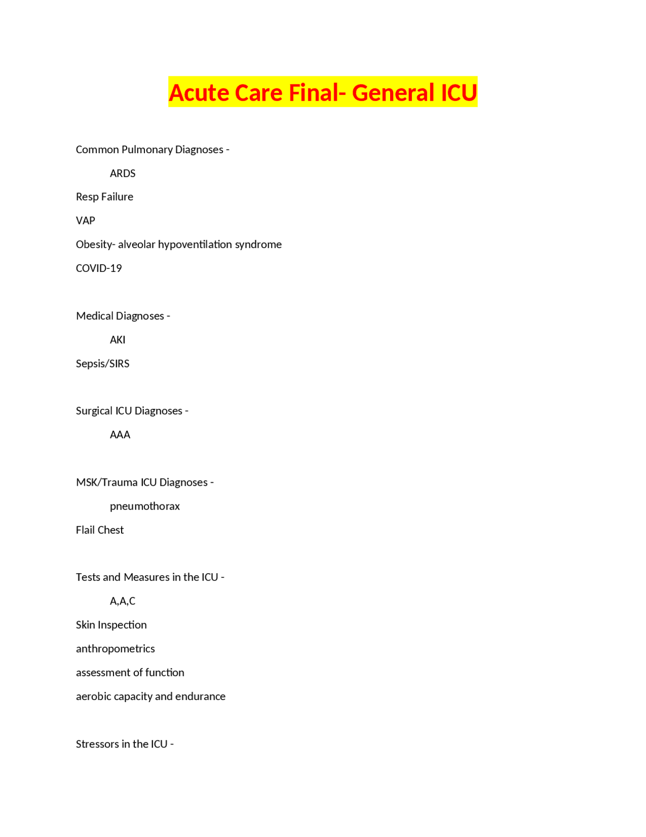 Acute Care Final: Common Diagnoses, Tests, and Therapeutic ...