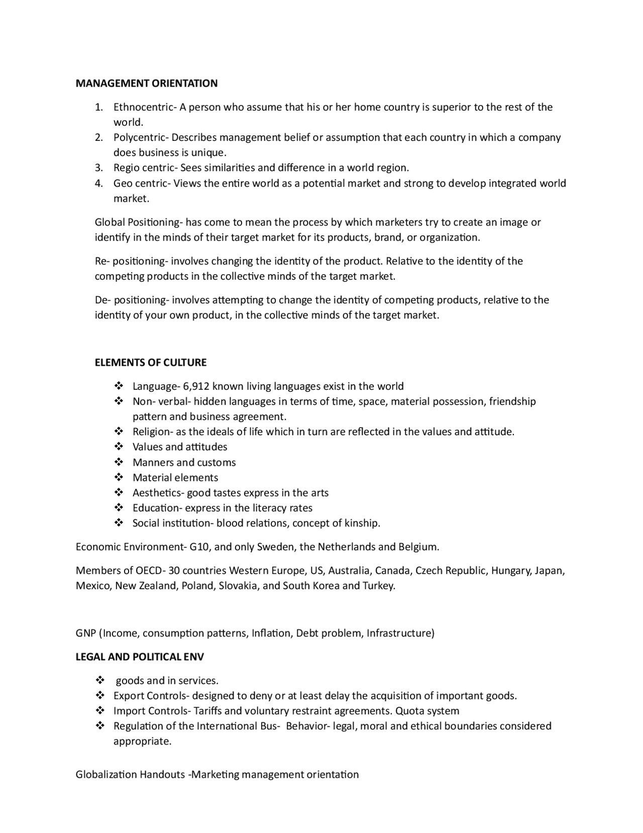 global Marketing, Management orientation | Study notes Business | Docsity