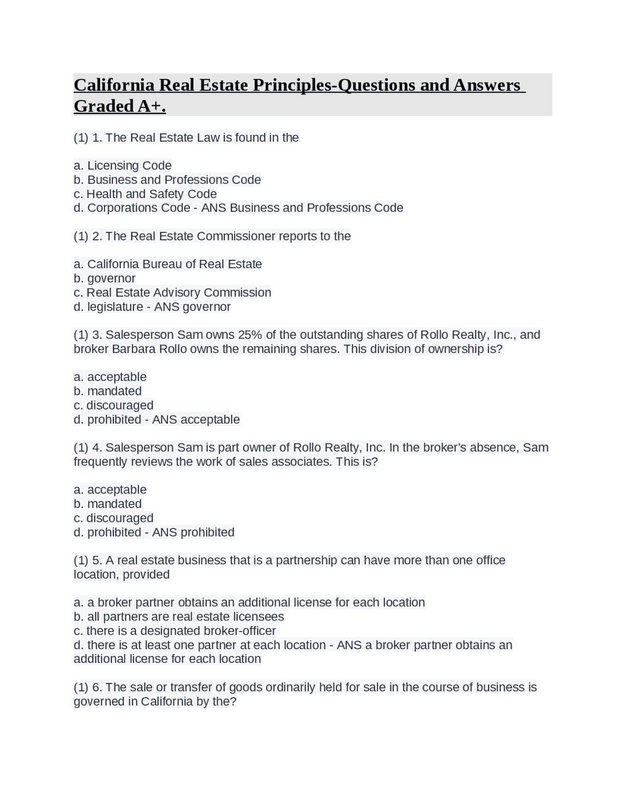 California Real Estate Principles-Questions and Answers Graded A+ ...